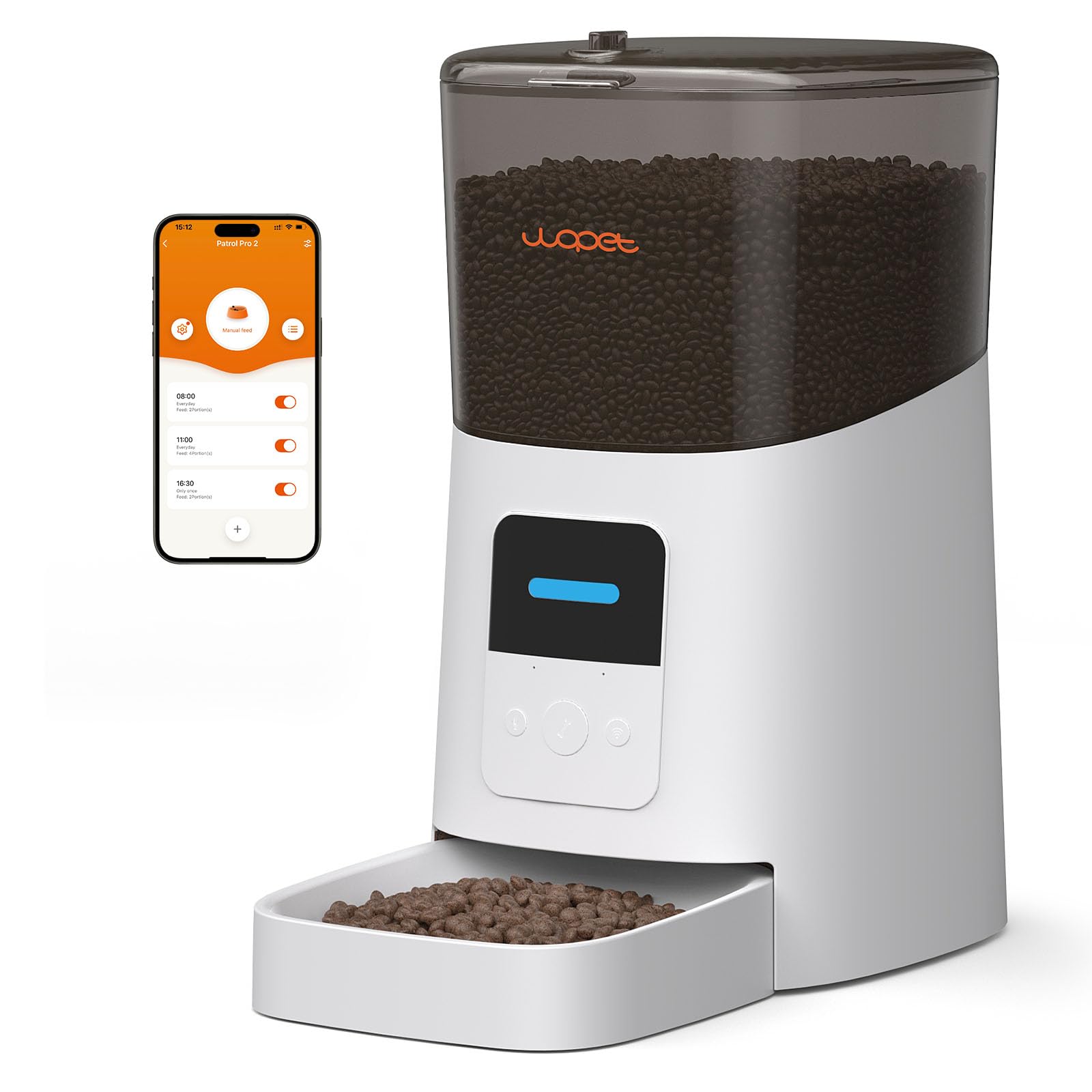 WOPET 6L Automatic Cat Feeder,Wi-Fi Enabled Smart Pet Feeder for Cats and Dogs,Auto Dog Food Dispenser with Portion Control, Distribution Alarms and Voice Recorder Up to 15 Meals per Day (White)