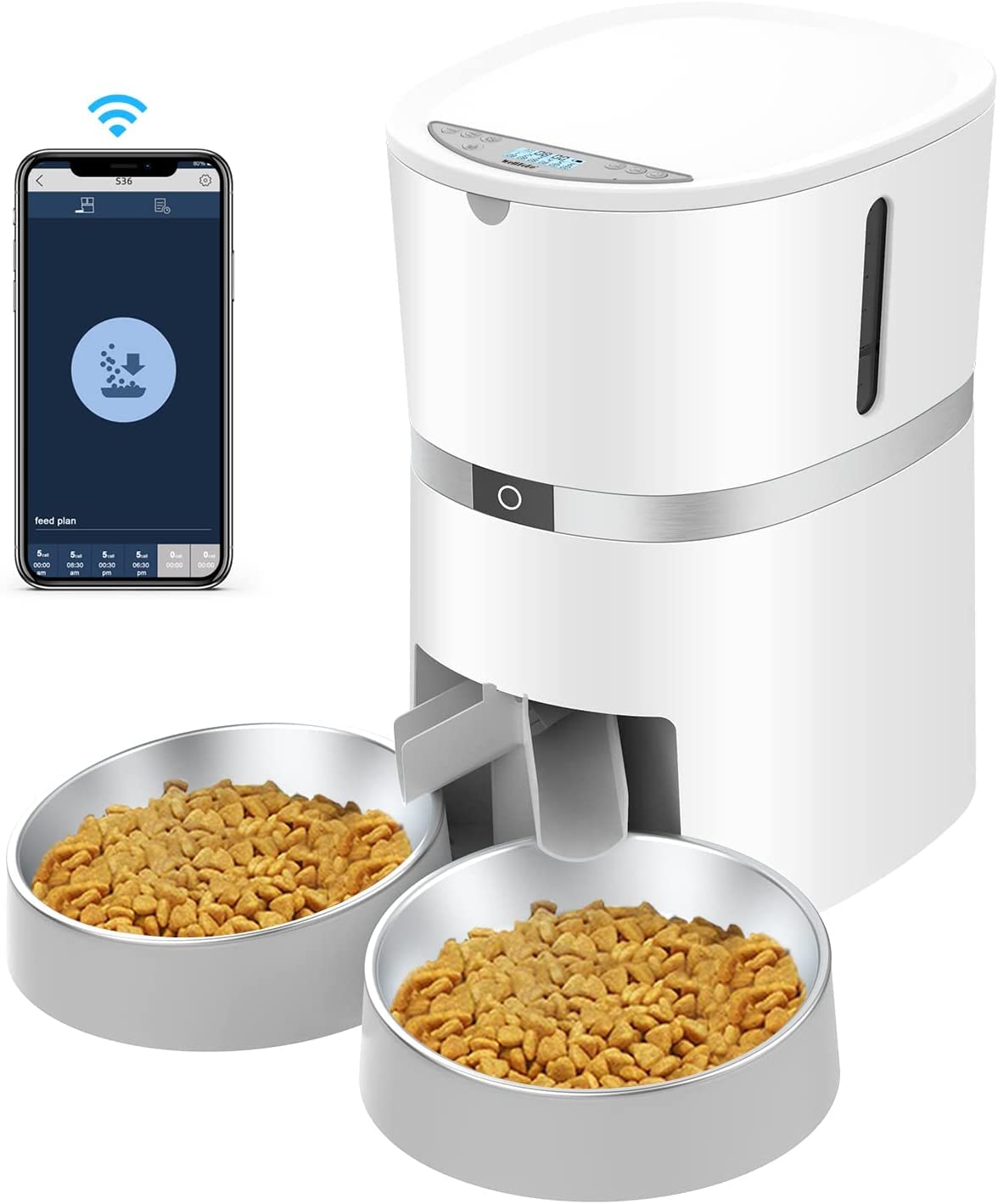 Automatic Cat Feeder, Smart Pet Food Dispenser with APP Control ,WiFi Enabled Automatic Feeder for Dogs, Cats & Small Pets, Double Stainless Steel Bowls,6 Meals Portion Control and Voice Recording