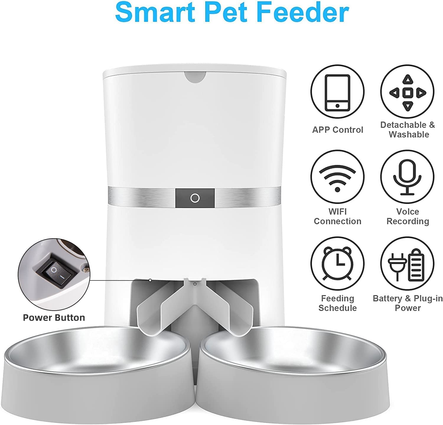 Automatic Cat Feeder, Smart Pet Food Dispenser with APP Control ,WiFi Enabled Automatic Feeder for Dogs, Cats & Small Pets, Double Stainless Steel Bowls,6 Meals Portion Control and Voice Recording