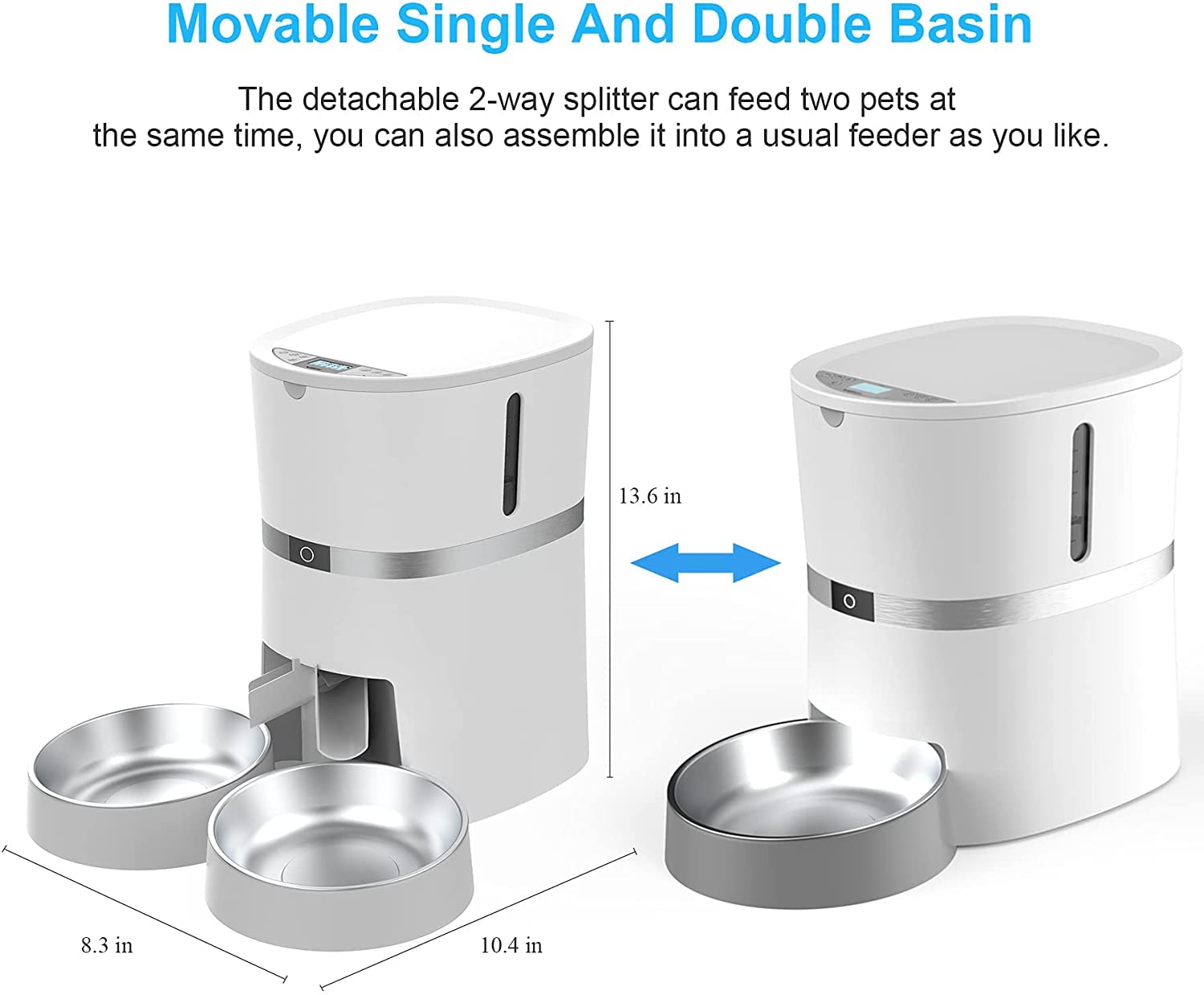 Automatic Cat Feeder, Smart Pet Food Dispenser with APP Control ,WiFi Enabled Automatic Feeder for Dogs, Cats & Small Pets, Double Stainless Steel Bowls,6 Meals Portion Control and Voice Recording