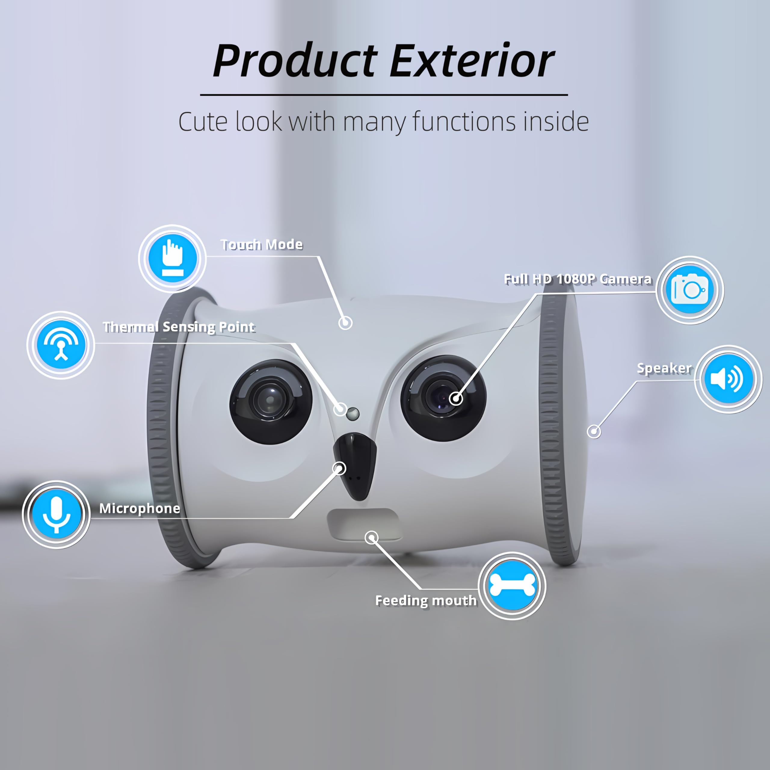 SKYMEE Owl Robot: Mobile Full HD Pet Camera with Treat Dispenser, Interactive Toy for Dogs and Cats, Remote Control via App (2.4G WiFi ONLY)