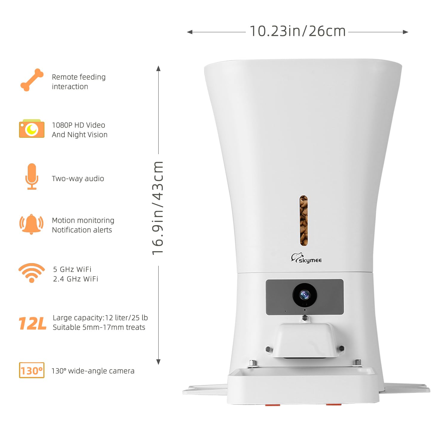 SKYMEE 12L WiFi Pet Feeder Automatic Food Dispenser for Cats & Dogs - 1080P Full HD Pet Camera Treat Dispenser with Night Vision and 2-Way Audio, Wi-Fi Enabled App for iPhone and Android