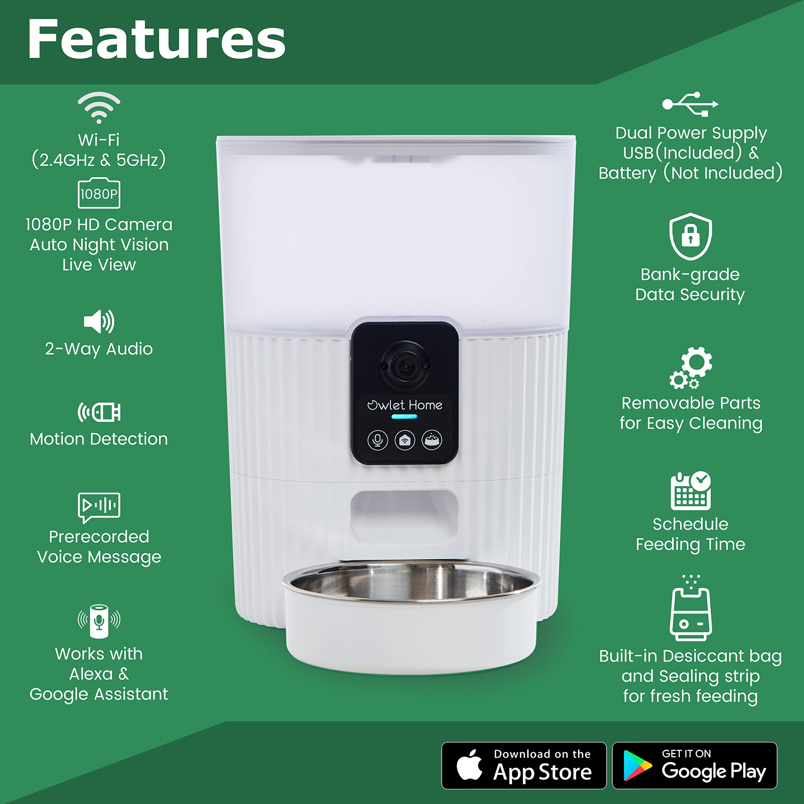 Owlet Home Smart Automatic Pet Feeder with 1080P HD Camera for Cats & Dogs (3.5L), WiFi, Live Video, Auto Night Vision, 2-Way Audio, Works with Alexa & Google Assistant, Motion Alert, No Monthly Fee