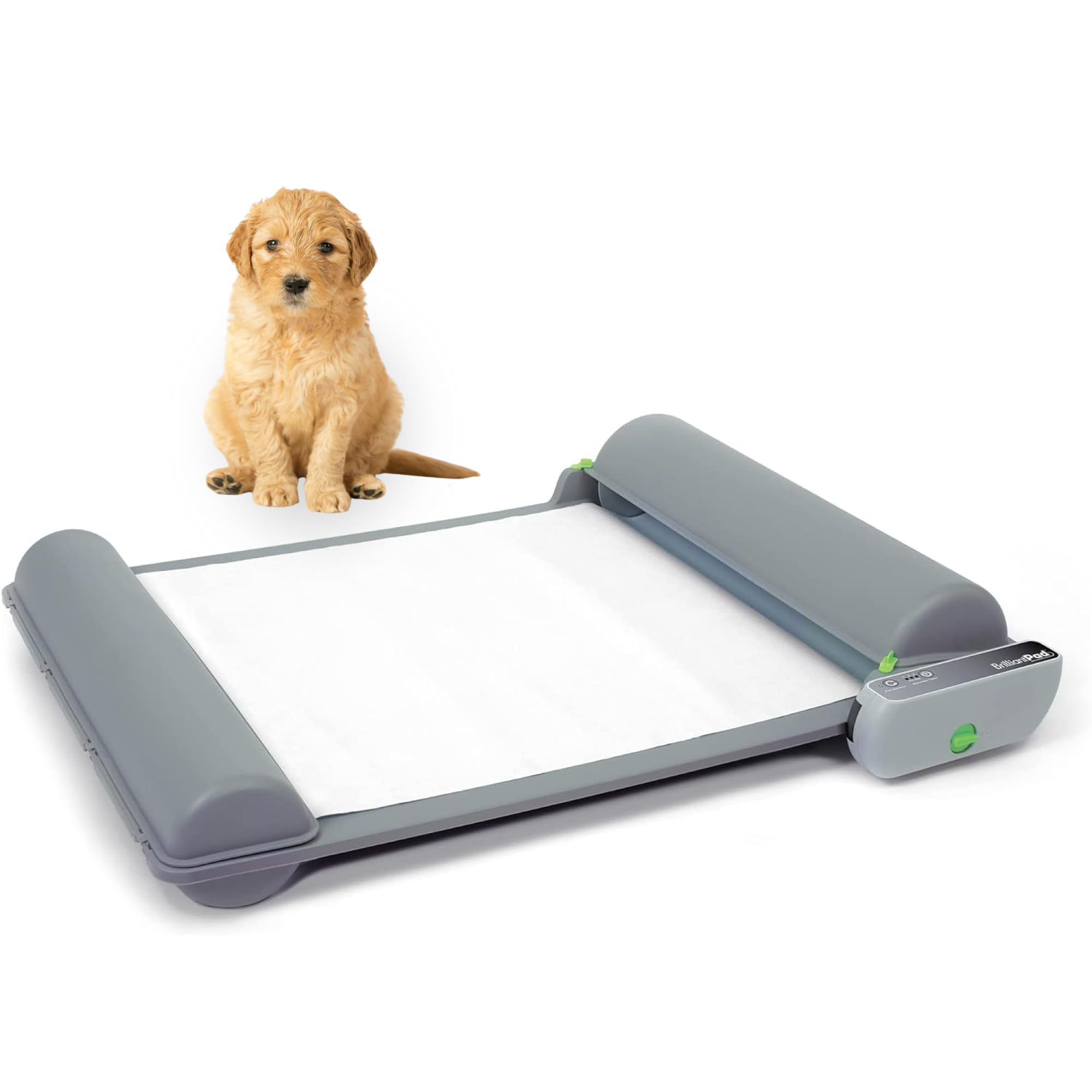 BrilliantPad Self-Cleaning, Automatic Indoor Dog Potty for Puppies and Small Dogs | Original Roll w/Plastic Rod & Caps Incl (Original 2.0 Machine w/Drip Lip, Gray)