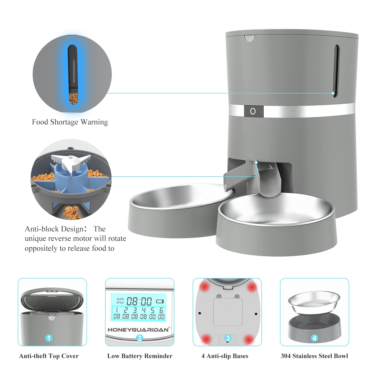 Automatic Cat Feeder, HoneyGuaridan Pet Feeder for Multiple Cats&Dog Food Dispenser with Splitter,Portion Control and Voice Recording Dual Power Apply Food Alarm (Two Way Pet Feeder)