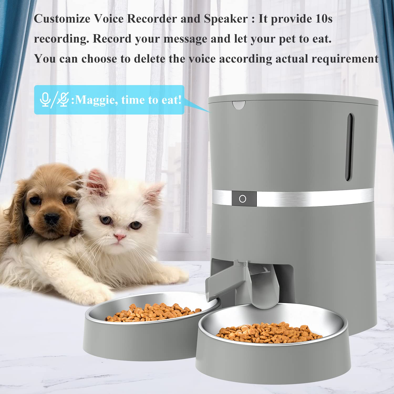 Automatic Cat Feeder, HoneyGuaridan Pet Feeder for Multiple Cats&Dog Food Dispenser with Splitter,Portion Control and Voice Recording Dual Power Apply Food Alarm (Two Way Pet Feeder)