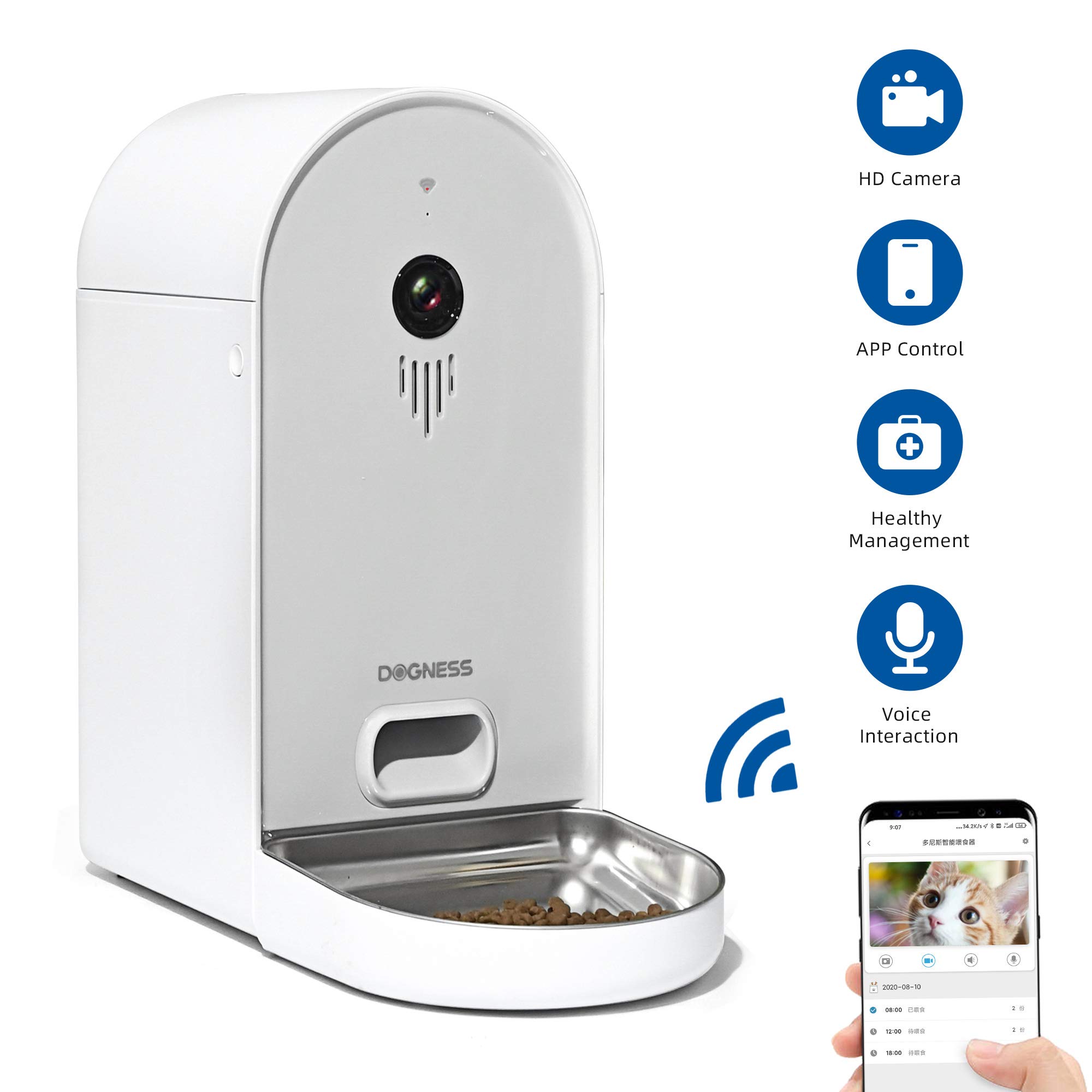 DOGNESS Automatic WiFi Dog/Cat Smart Camera Feeder - 6.5Lbs Large Capacity App Control Food Dispenser with WiFi, Portion Control, Voice Recording, Camera, Timer Programmable (6.5L, Grey)
