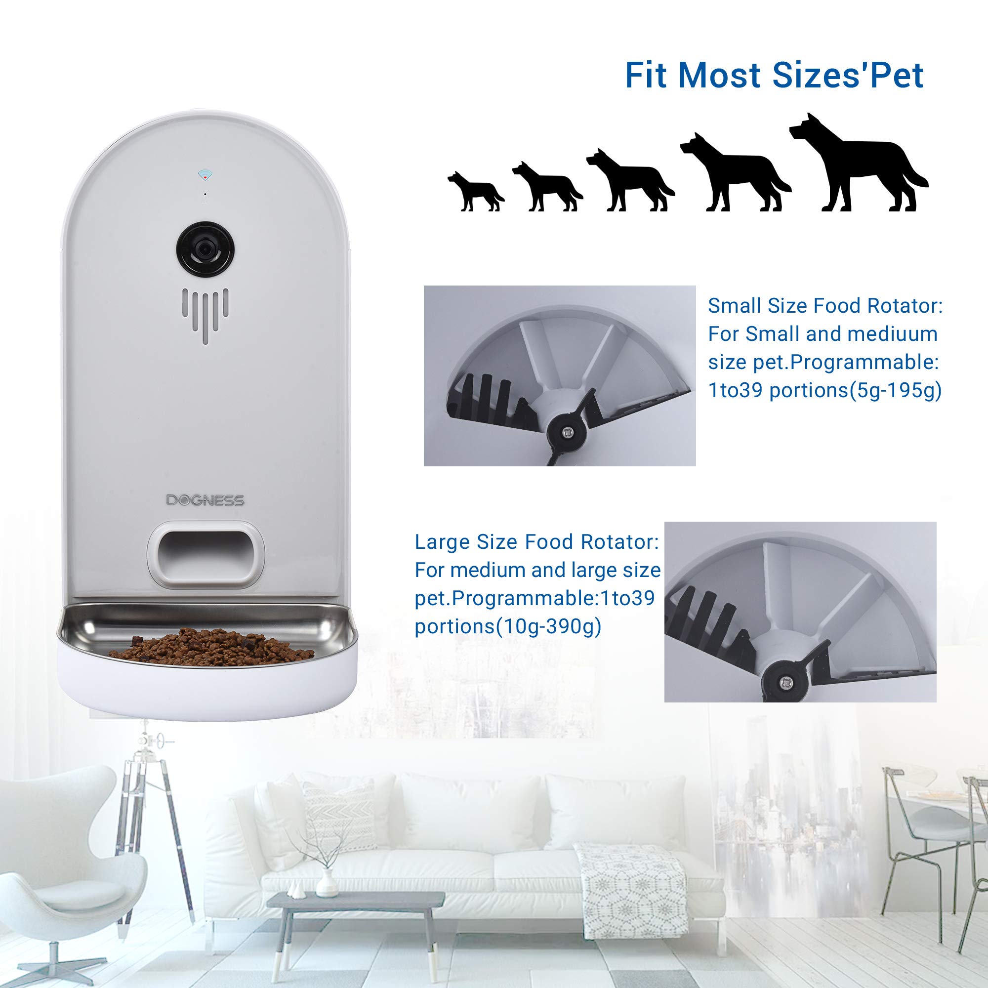 DOGNESS Automatic WiFi Dog/Cat Smart Camera Feeder - 6.5Lbs Large Capacity App Control Food Dispenser with WiFi, Portion Control, Voice Recording, Camera, Timer Programmable (6.5L, Grey)