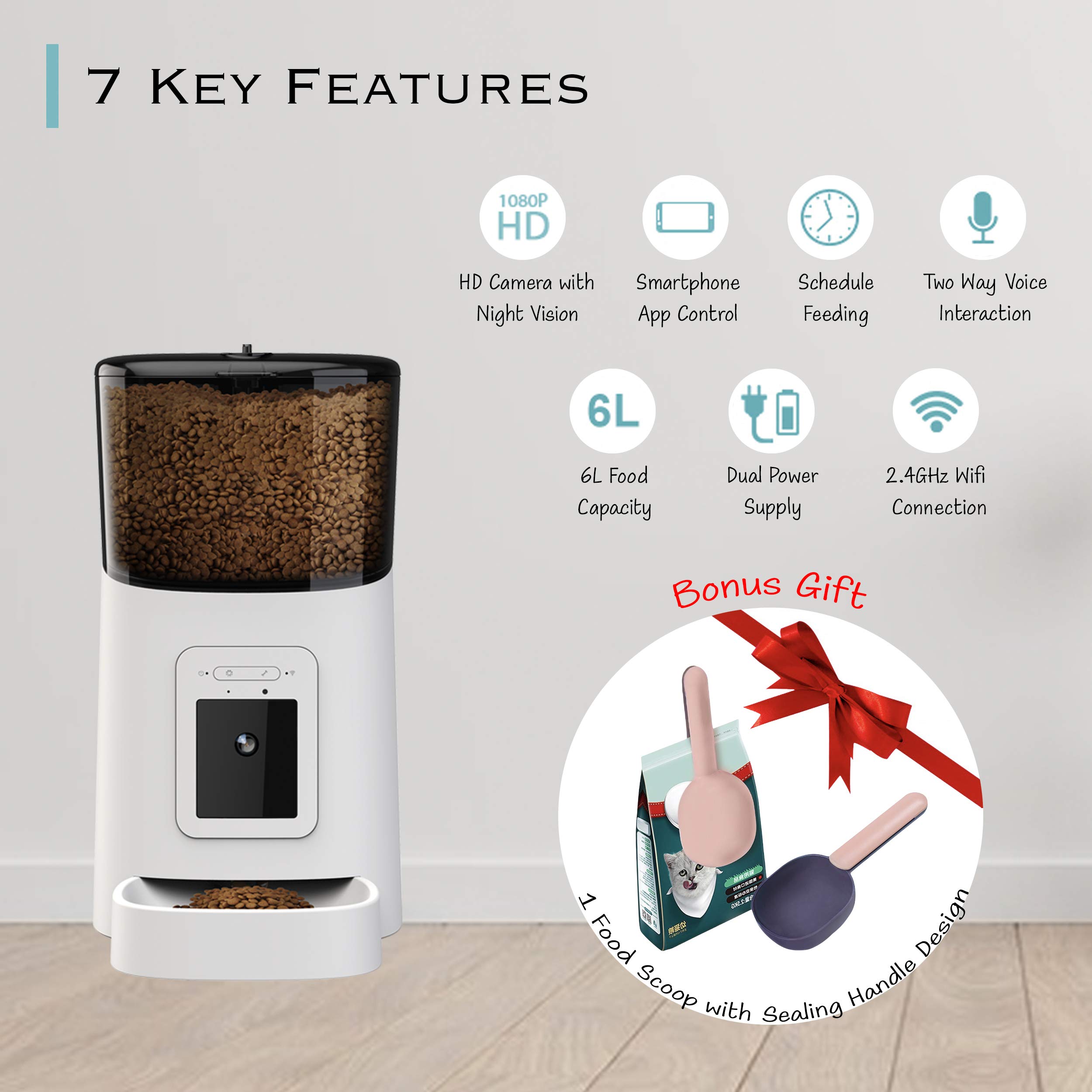 SEKOYA Automatic WiFi 6L Smart Pet Feeder / 1080p Camera for Cats & Dogs / Auto + Manual Food Dispenser / iOS Android Compatible / 2.4GHz Wi-Fi Enabled / Scheduled Feeding / Video Recording