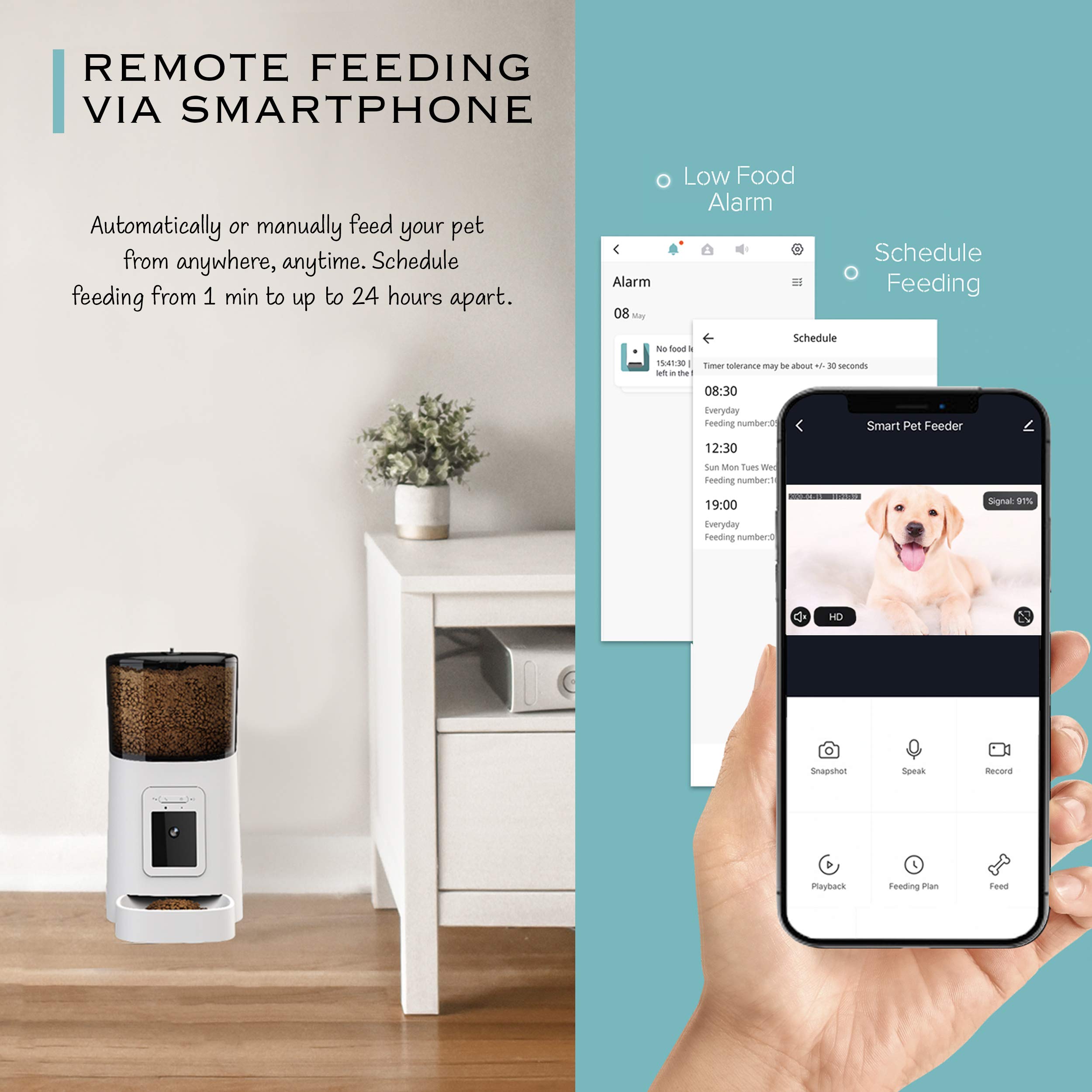 SEKOYA Automatic WiFi 6L Smart Pet Feeder / 1080p Camera for Cats & Dogs / Auto + Manual Food Dispenser / iOS Android Compatible / 2.4GHz Wi-Fi Enabled / Scheduled Feeding / Video Recording