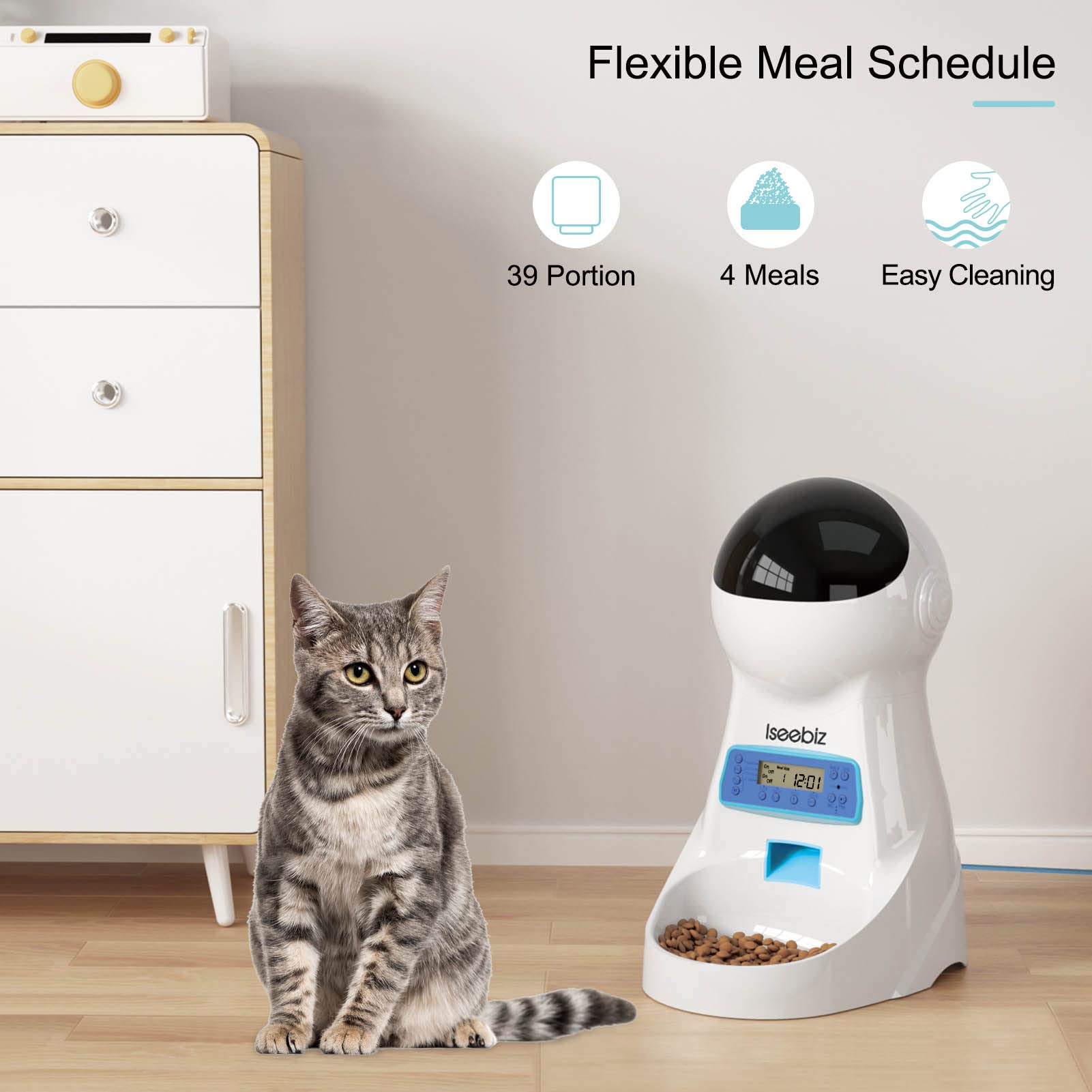 Iseebiz Automatic Cat Feeder, 101oz/3L Timed Cat Feeder for Dry Food with Anti-Clog Design, Up to 4 Meals with Portion Control, Dual Power Supply &10s Voice Recorder for Small Medium Cats Dogs