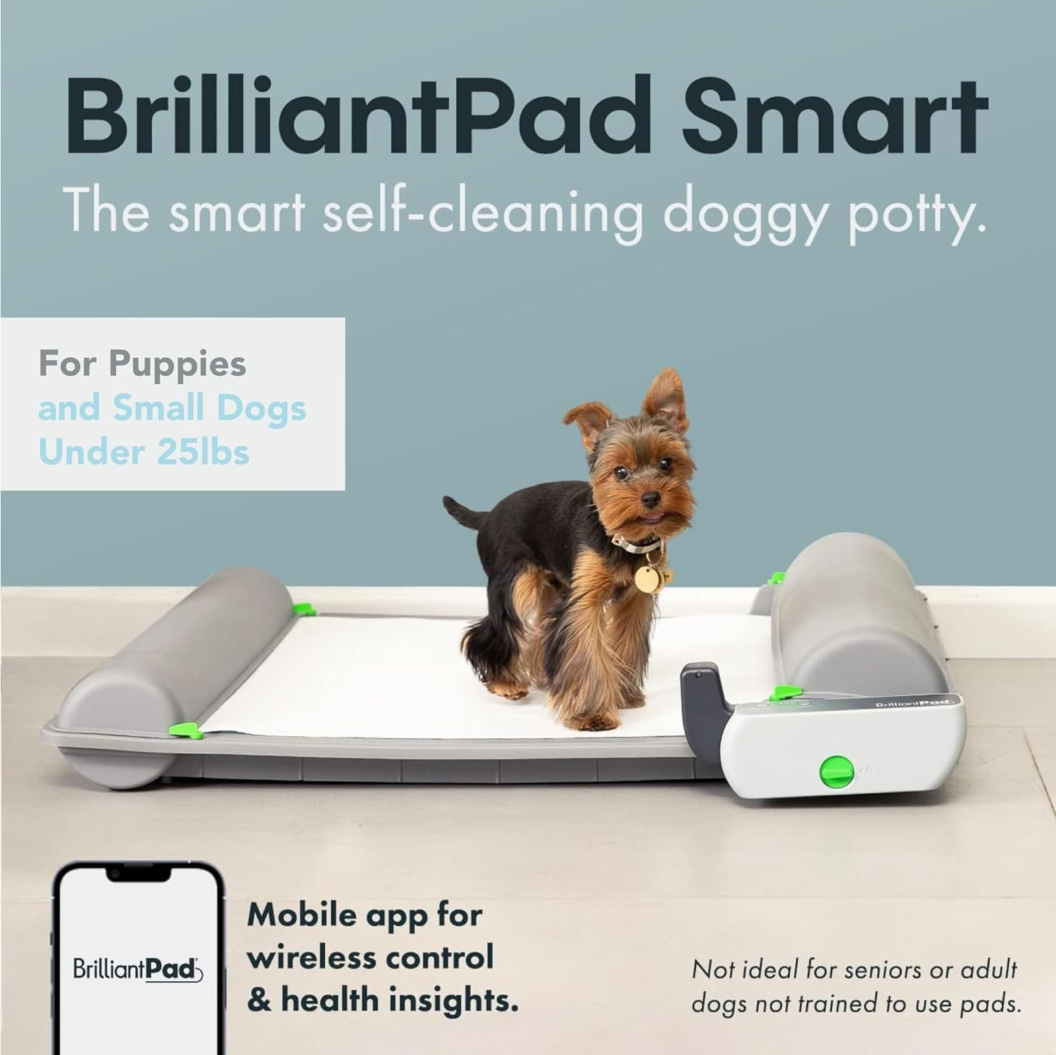 BrilliantPad Smart WiFi Enabled Indoor Dog Potty, Self-Cleaning Machine for Puppies & Small Dogs, Apple & Android Compatible App, Automatic Advancing Training Pad Roll Included