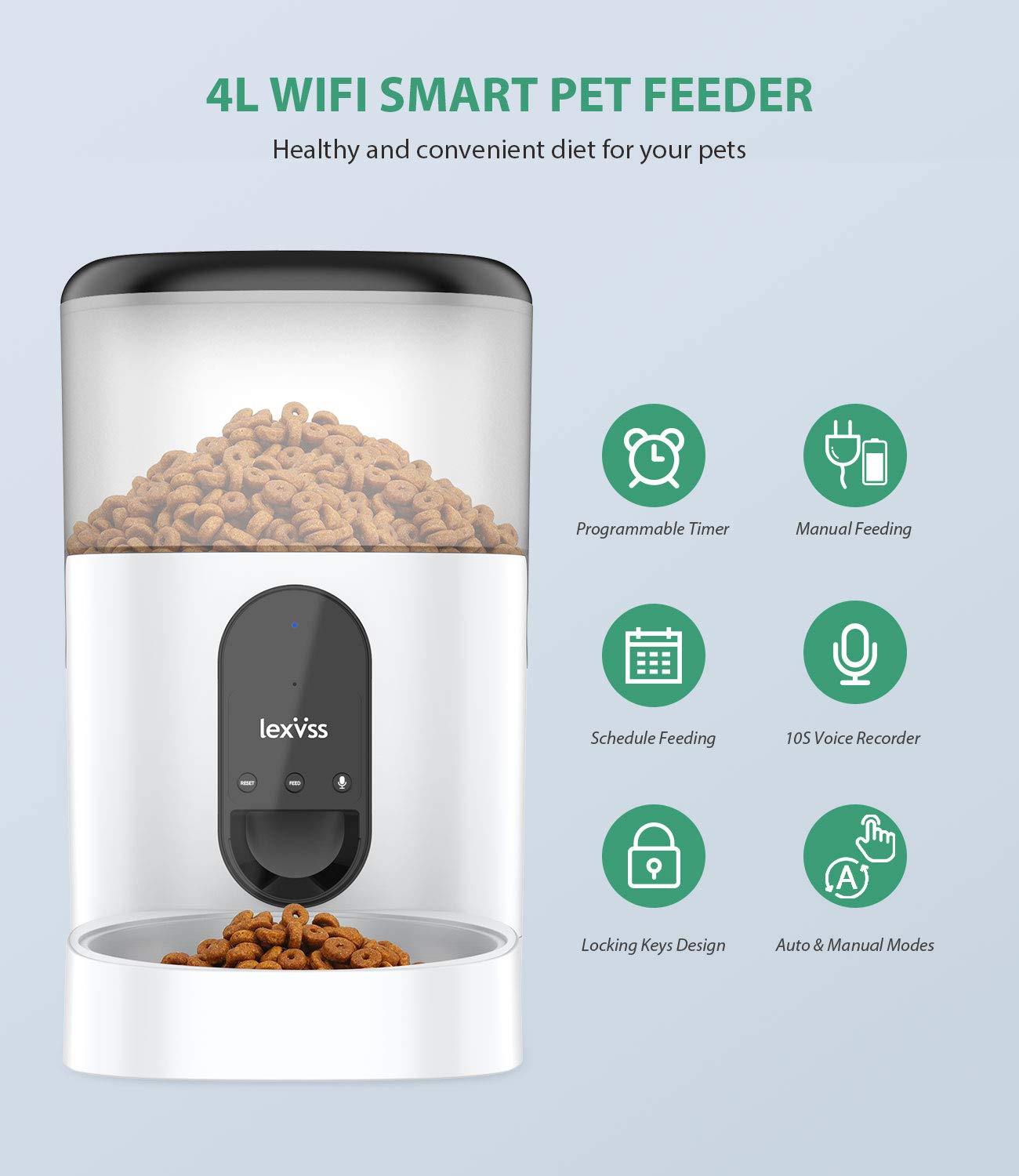 Automatic Cat Feeder, Dog Dispenser with Voice Recorder Programmable Portion Control Up to 10 Meals per Day, Smart APP Auto Food Feeder with Desiccant Bag for Small & Medium Pets 4L (Black)