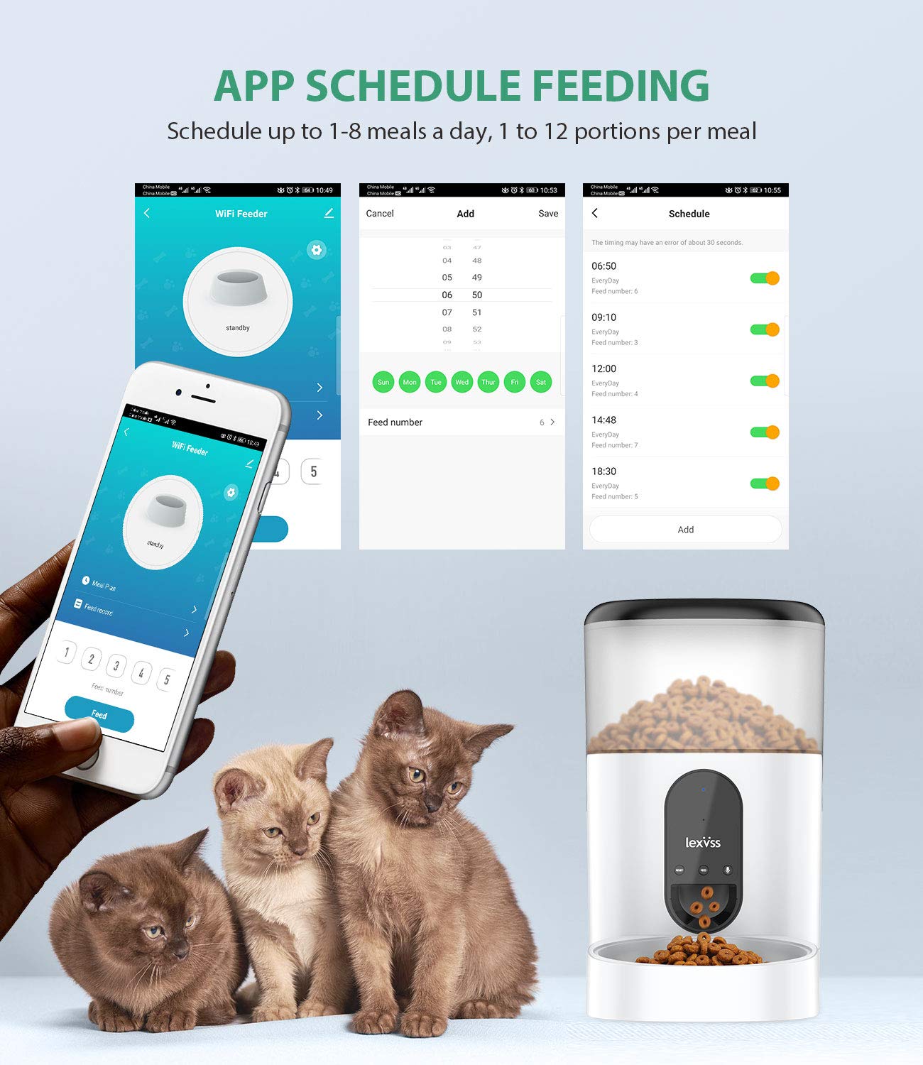 Automatic Cat Feeder, Dog Dispenser with Voice Recorder Programmable Portion Control Up to 10 Meals per Day, Smart APP Auto Food Feeder with Desiccant Bag for Small & Medium Pets 4L (Black)