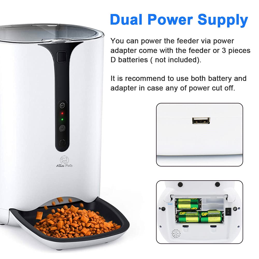 Alla Pets WiFi/HD Video Automatic Cats and Dogs Feeder w/ Camera, 6L Auto Pet Dry Food Dispenser 1~39 Portions Meal for Small and Large Pets, Remote APP Control Feeding Schedule, Infrared, White