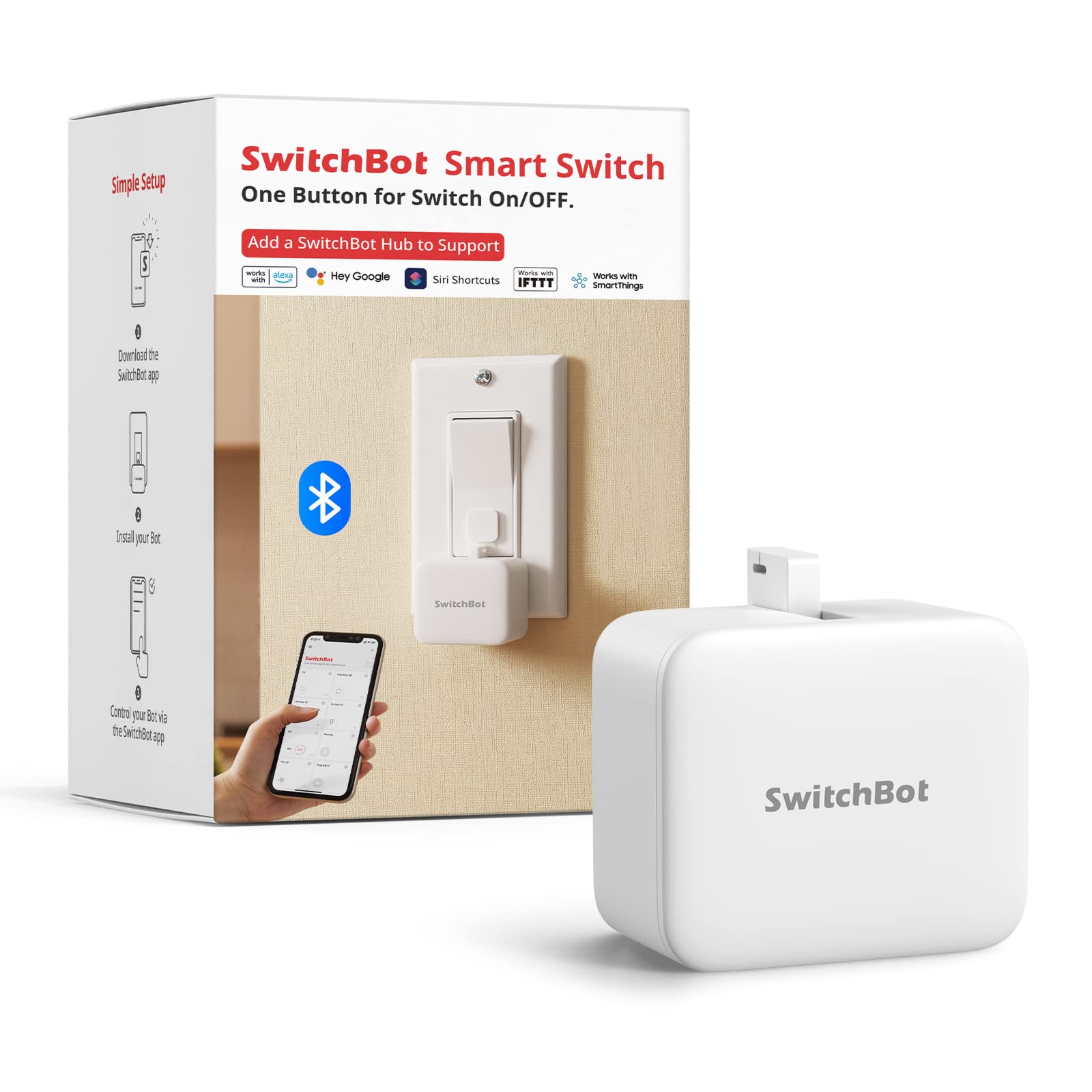 SwitchBot Smart Switch Button Pusher - No Wiring, Bluetooth App or Timer Control, Add SwitchBot Hub Mini to Make it Compatible with Alexa, Google Home, IFTTT (white)