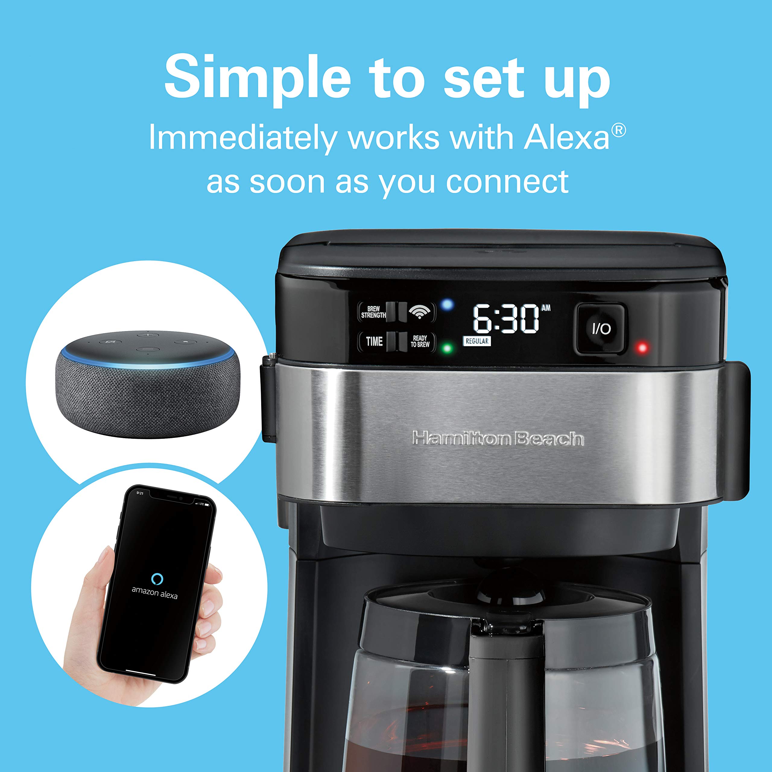 Hamilton Beach Works with Alexa Smart Coffee Maker, Programmable, 12 Cup Capacity, Black and Stainless Steel (49350) β A Certified for Humans Device