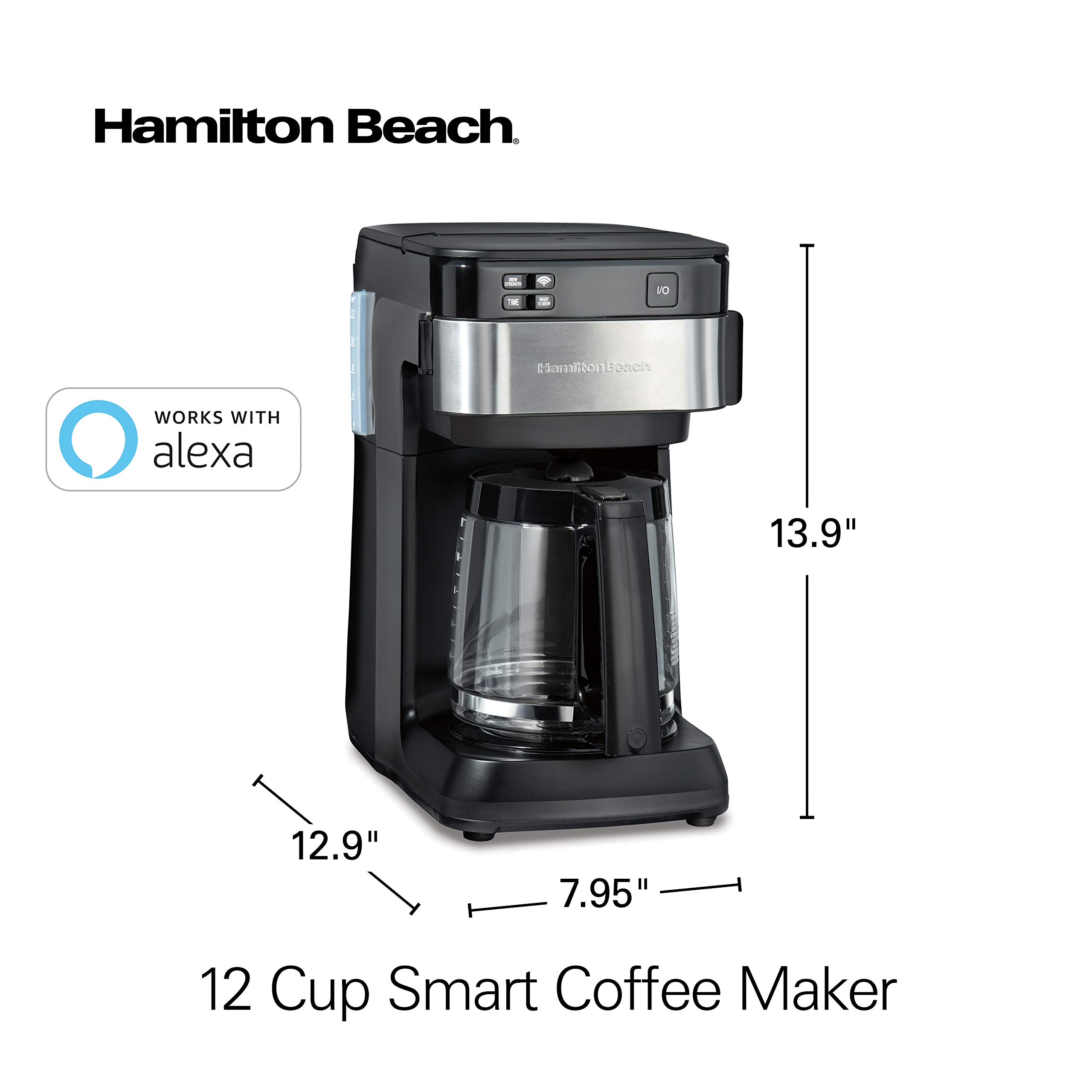 Hamilton Beach Works with Alexa Smart Coffee Maker, Programmable, 12 Cup Capacity, Black and Stainless Steel (49350) β A Certified for Humans Device