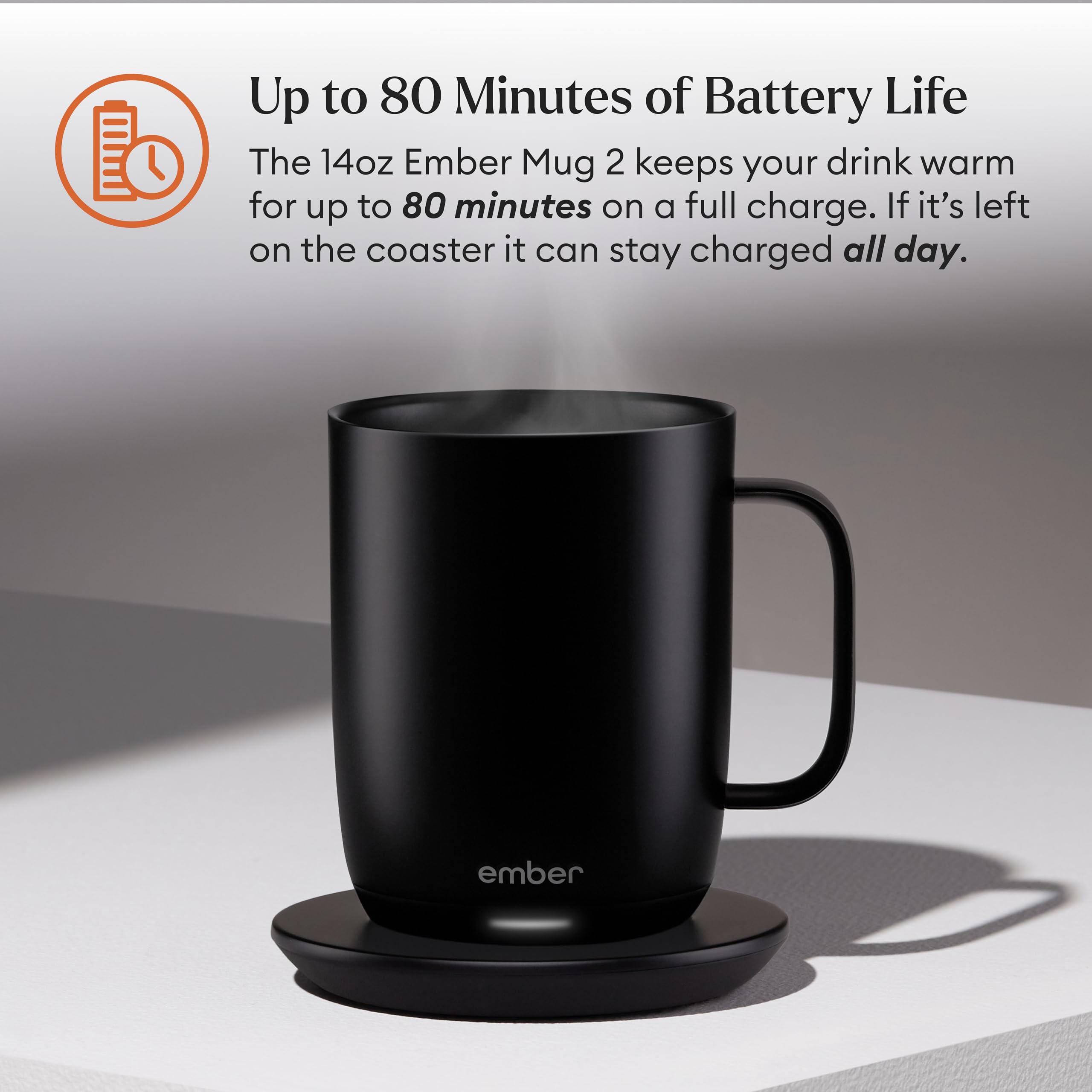 Ember Temperature Control Smart Mug 2, 14 oz, Black, 80 min. Battery Life - App Controlled Heated Coffee Mug - Improved Design