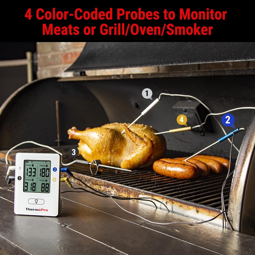 ThermoPro TP25 500ft Wireless Bluetooth Meat Thermometer with 4 Temperature Probes Smart Digital Cooking BBQ Thermometer for Grilling Oven Food Smoker Thermometer, Rechargeable
