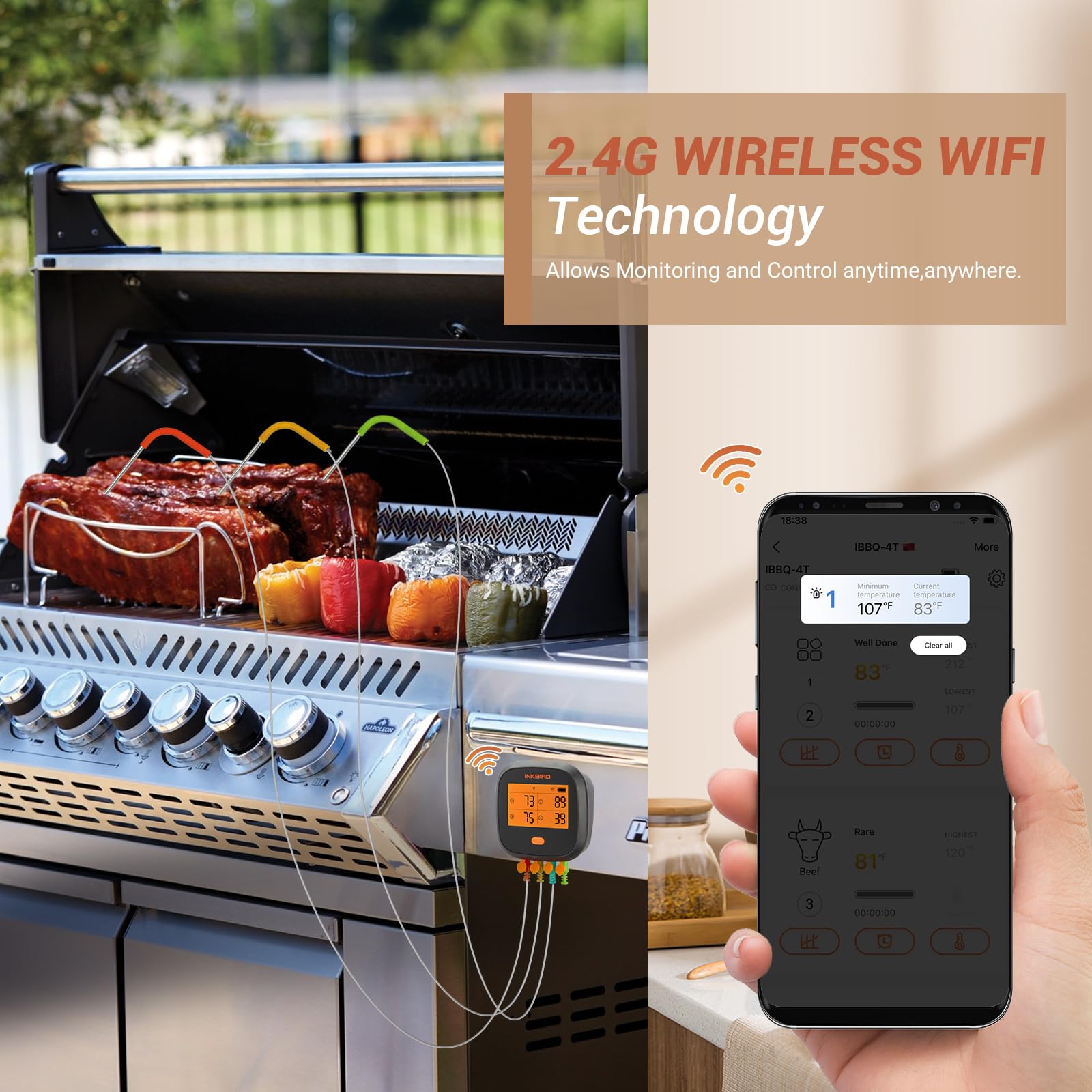Inkbird WiFi Grill Meat Thermometer IBBQ-4T with 4 Colored Probes, Wireless Barbecue Meat Thermometer with Calibration, Timer, High and Low Temperature Alarm for Smoker, Oven, Kitchen, Drum