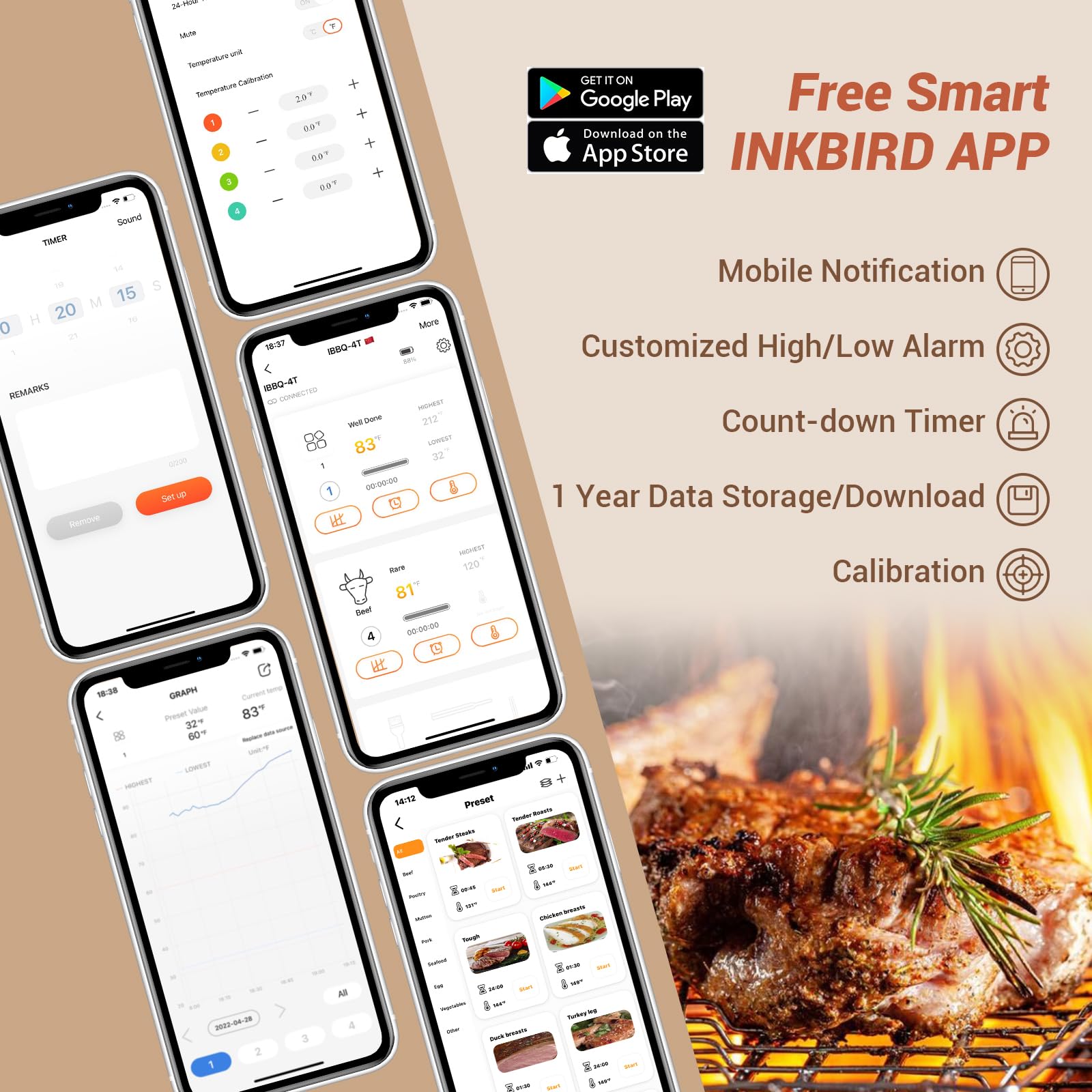 Inkbird WiFi Grill Meat Thermometer IBBQ-4T with 4 Colored Probes, Wireless Barbecue Meat Thermometer with Calibration, Timer, High and Low Temperature Alarm for Smoker, Oven, Kitchen, Drum
