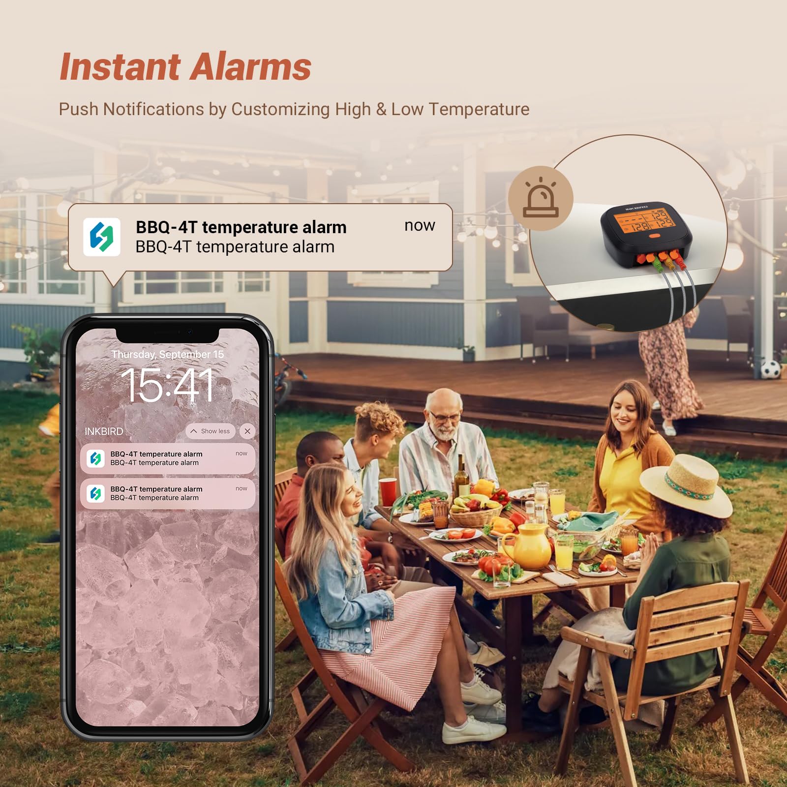 Inkbird WiFi Grill Meat Thermometer IBBQ-4T with 4 Colored Probes, Wireless Barbecue Meat Thermometer with Calibration, Timer, High and Low Temperature Alarm for Smoker, Oven, Kitchen, Drum