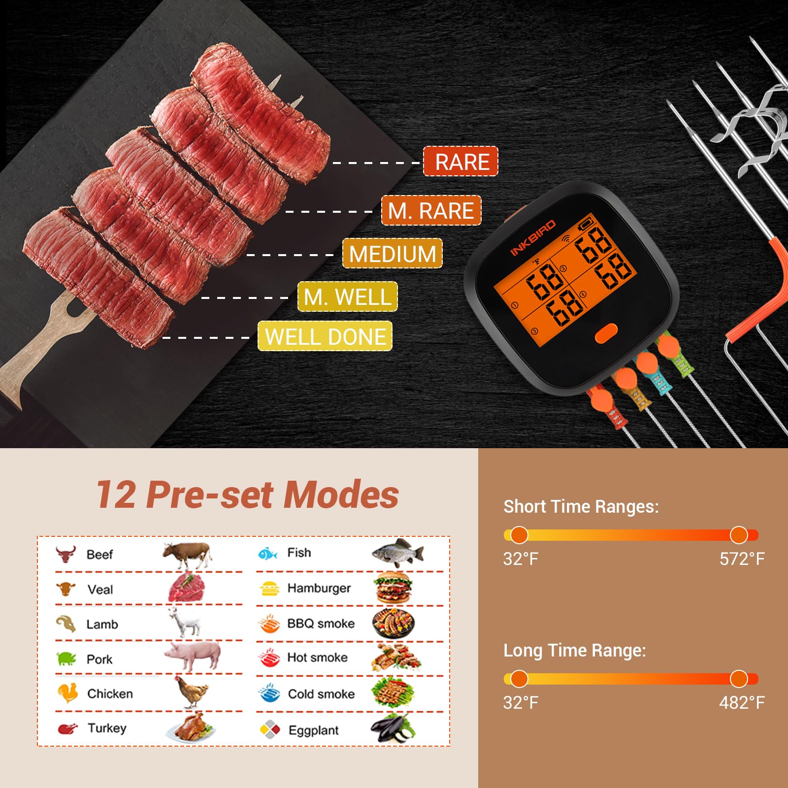 Inkbird WiFi Grill Meat Thermometer IBBQ-4T with 4 Colored Probes, Wireless Barbecue Meat Thermometer with Calibration, Timer, High and Low Temperature Alarm for Smoker, Oven, Kitchen, Drum