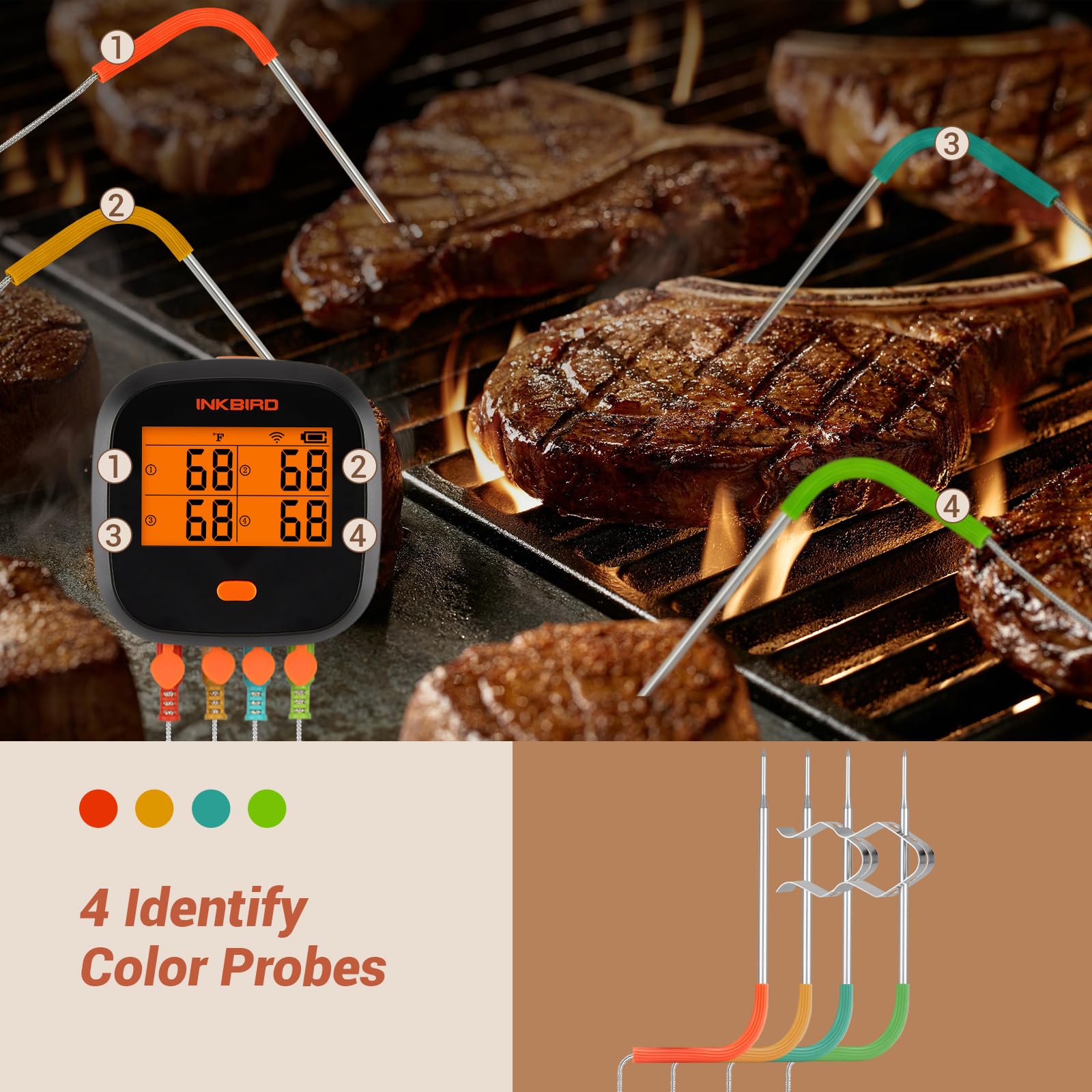 Inkbird WiFi Grill Meat Thermometer IBBQ-4T with 4 Colored Probes, Wireless Barbecue Meat Thermometer with Calibration, Timer, High and Low Temperature Alarm for Smoker, Oven, Kitchen, Drum