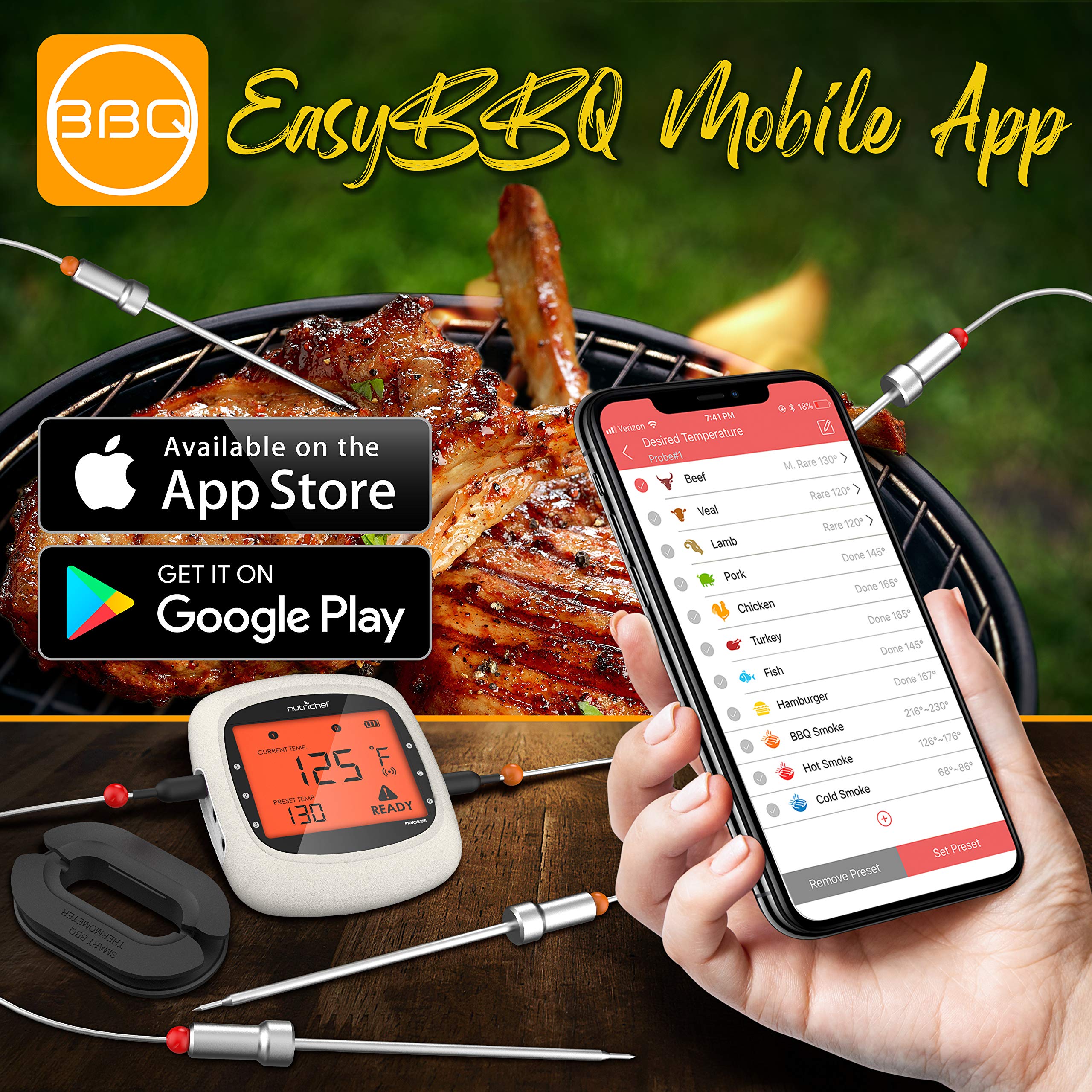 NutriChef Bluetooth Meat Thermometer for Grilling and Smoking - Wifi Grill Thermometer for Outside BBQ and Smoker Oven - 6 Temperature Probes and Smart APP and 400 Ft Range