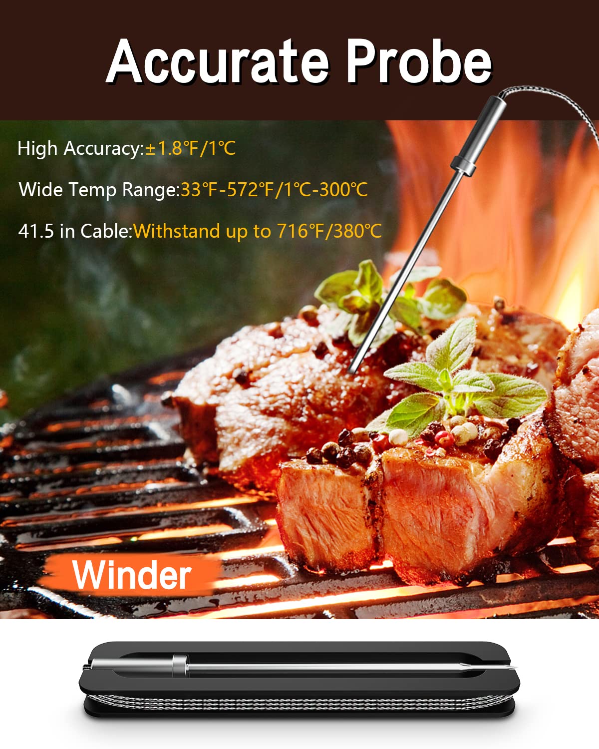 BFOUR Meat Thermometer Wireless Bluetooth, Digital Meat Thermometer with Dual Probe, Wireless Remote BBQ Thermometer for Smoker Kitchen Cooking Grill Thermometer Timer for Grilling BBQ Oven Candy