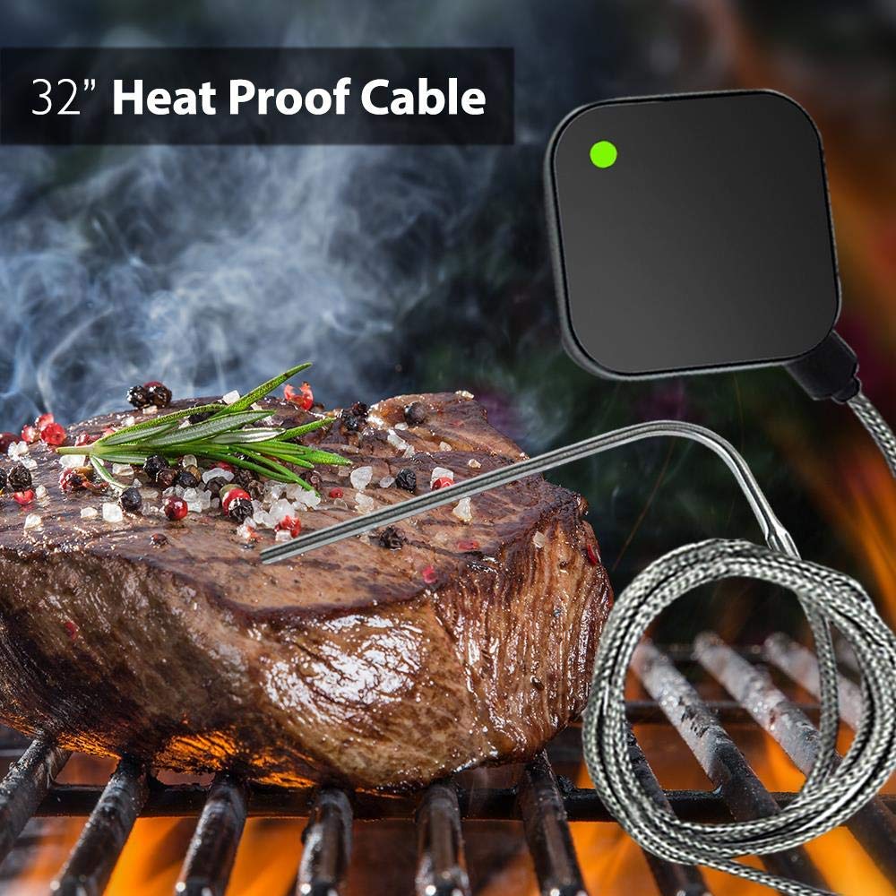 Smart Bluetooth BBQ Grill Thermometer - Upgraded Stainless Probe Safe to Leave in Oven, Outdoor Barbecue or Meat Smoker - Wireless Remote Alert iOS Android Phone WiFi App - NutriChef PWIRBBQ40