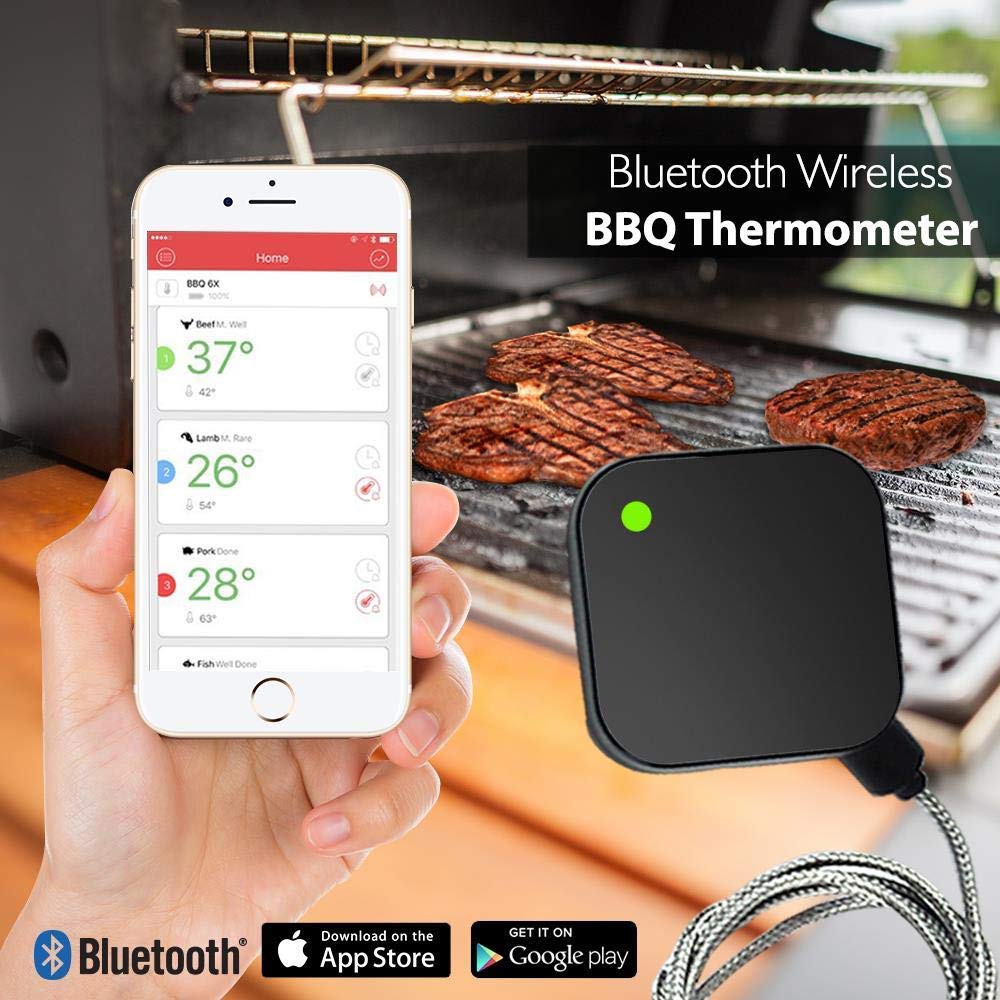 Smart Bluetooth BBQ Grill Thermometer - Upgraded Stainless Probe Safe to Leave in Oven, Outdoor Barbecue or Meat Smoker - Wireless Remote Alert iOS Android Phone WiFi App - NutriChef PWIRBBQ40