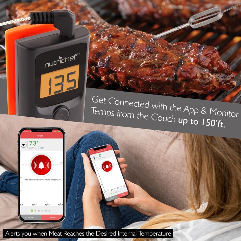 NutriChef Bluetooth Grill BBQ Meat Thermometer Digital Wireless Grill Thermometer, Timer, Alarm, 150 ft Barbecue Cooking Kitchen Food Meat Thermometer for Smoker, Oven