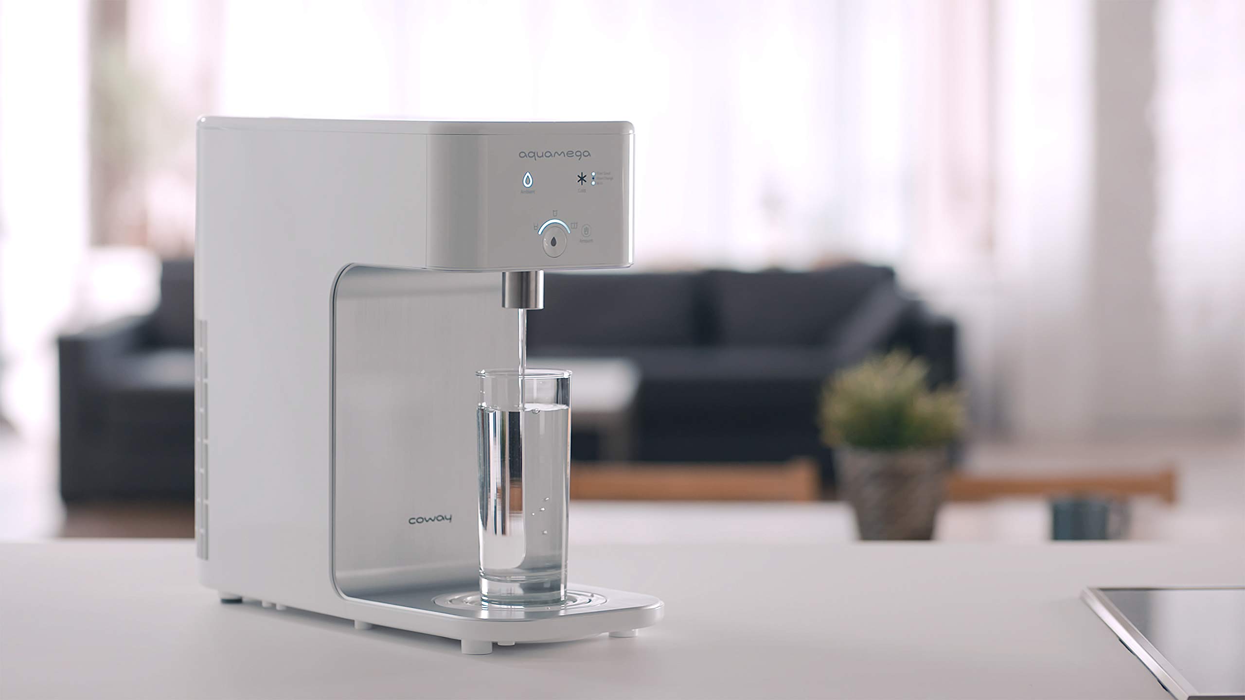 Coway Aquamega 200C Countertop Water Purifier with a cold-water setting, a new advanced filter, and Coway Io-Care app connectivity