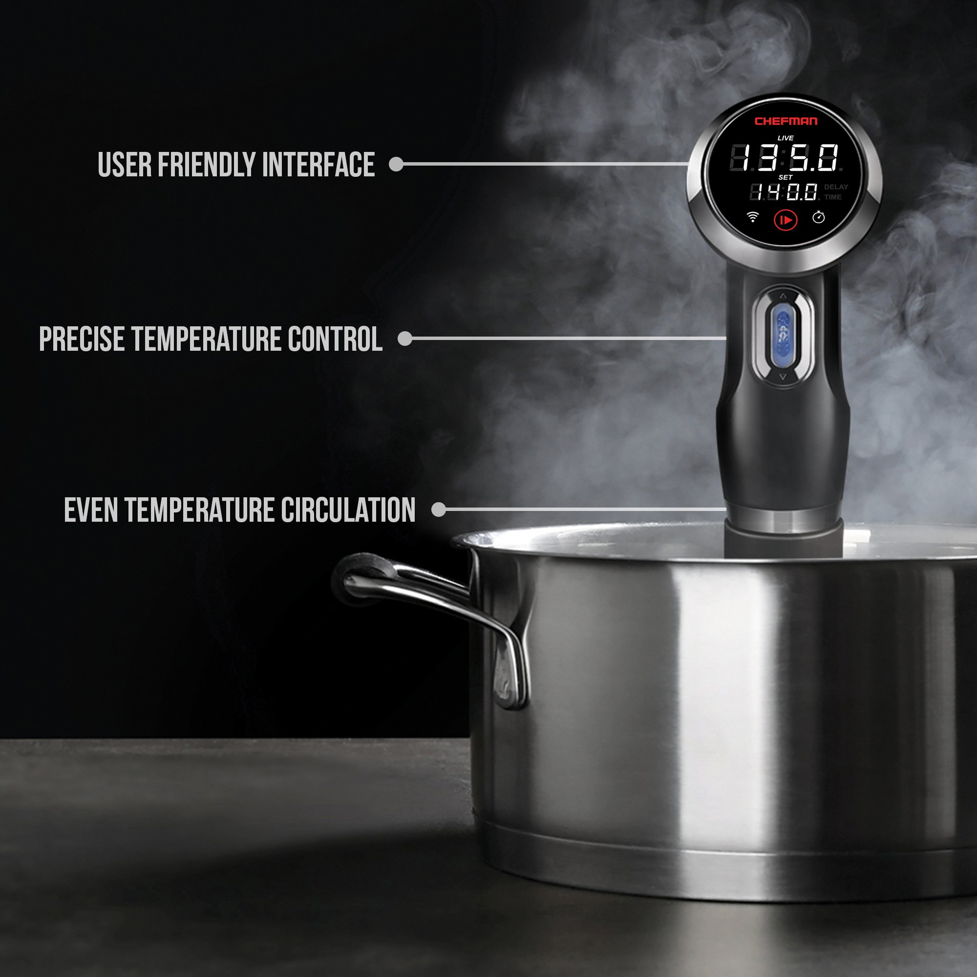 Chefman Sous Vide Immersion Circulator w/ Wi-Fi, Bluetooth & Digital Interface, Touchscreen Display, Sous-Vide Cooker Includes Connected App for Guided Cooking, Adjustable Clamp, 1100 Watts, Black