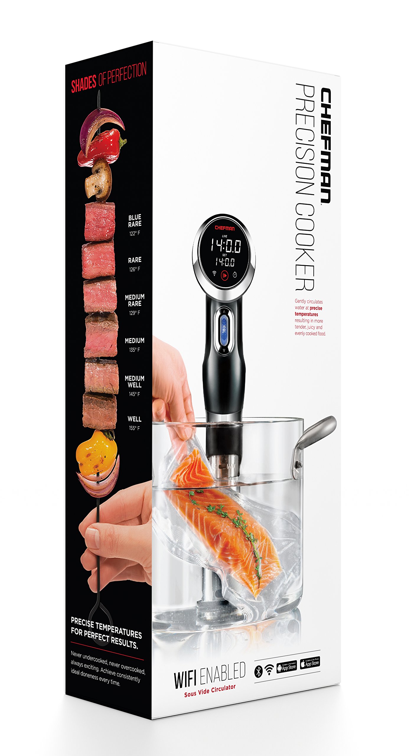Chefman Sous Vide Immersion Circulator w/ Wi-Fi, Bluetooth & Digital Interface, Touchscreen Display, Sous-Vide Cooker Includes Connected App for Guided Cooking, Adjustable Clamp, 1100 Watts, Black