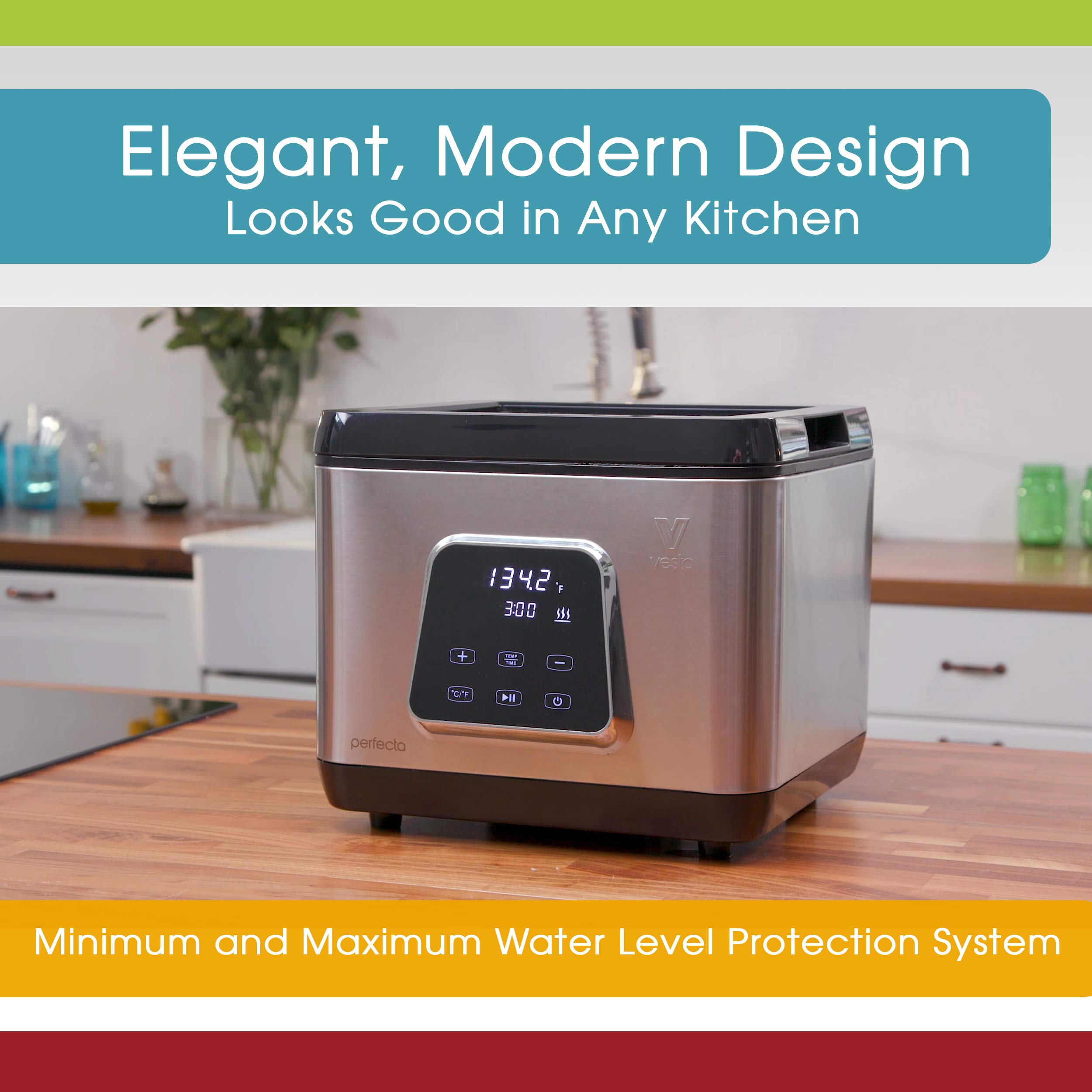 Sous Vide Water Oven by Vesta Precision - Perfecta | Powerful Pump Design | Accurate Temperature | Touch Panel or Wi-Fi App Control | Max/Min Water Level | 650 Watts | 10 Liter Capacity