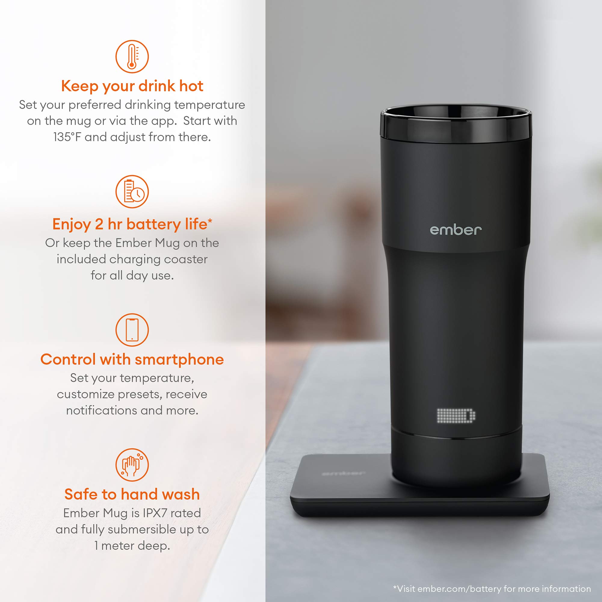 Ember Temperature Control Travel Mug, 12 Ounce, 2-hr Battery Life, Black - App Controlled Heated Coffee Travel Mug