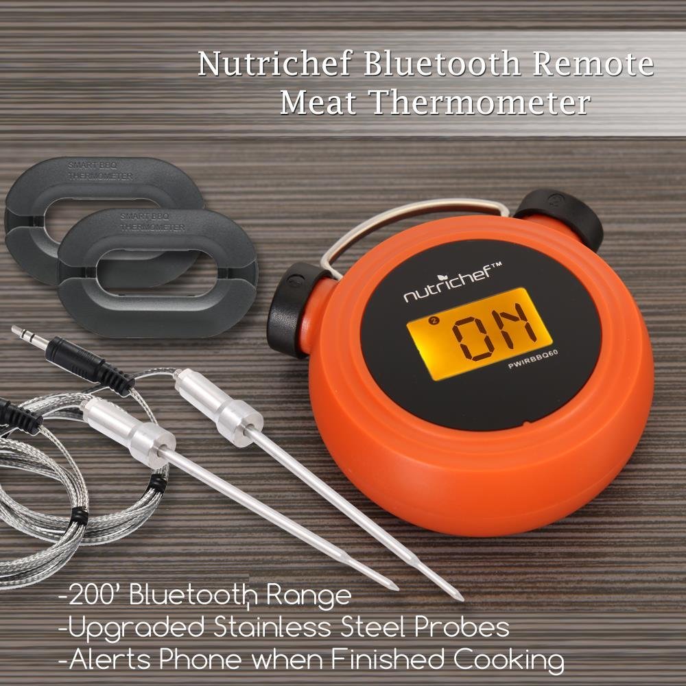 Smart Bluetooth BBQ Grill Thermometer - Digital Display, Stainless Dual Probes Safe to Leave in Outdoor Barbecue Meat Smoker - Wireless Remote Alert iOS Android Phone WiFi App - NutriChef PWIRBBQ60