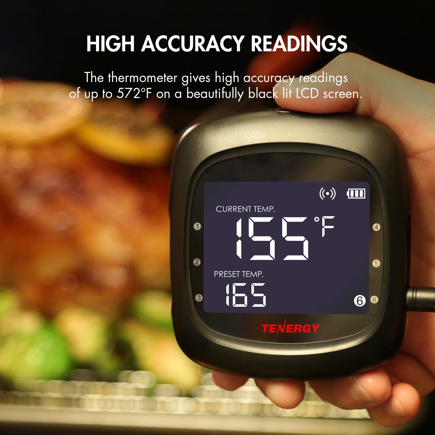 Tenergy Solis Digital Meat Thermometer, APP Controlled Wireless Bluetooth Smart BBQ Thermometer w/ 6 Stainless Steel Probes, Large LCD Display, & Carrying Case, Cooking Thermometer for Grill & Smoker