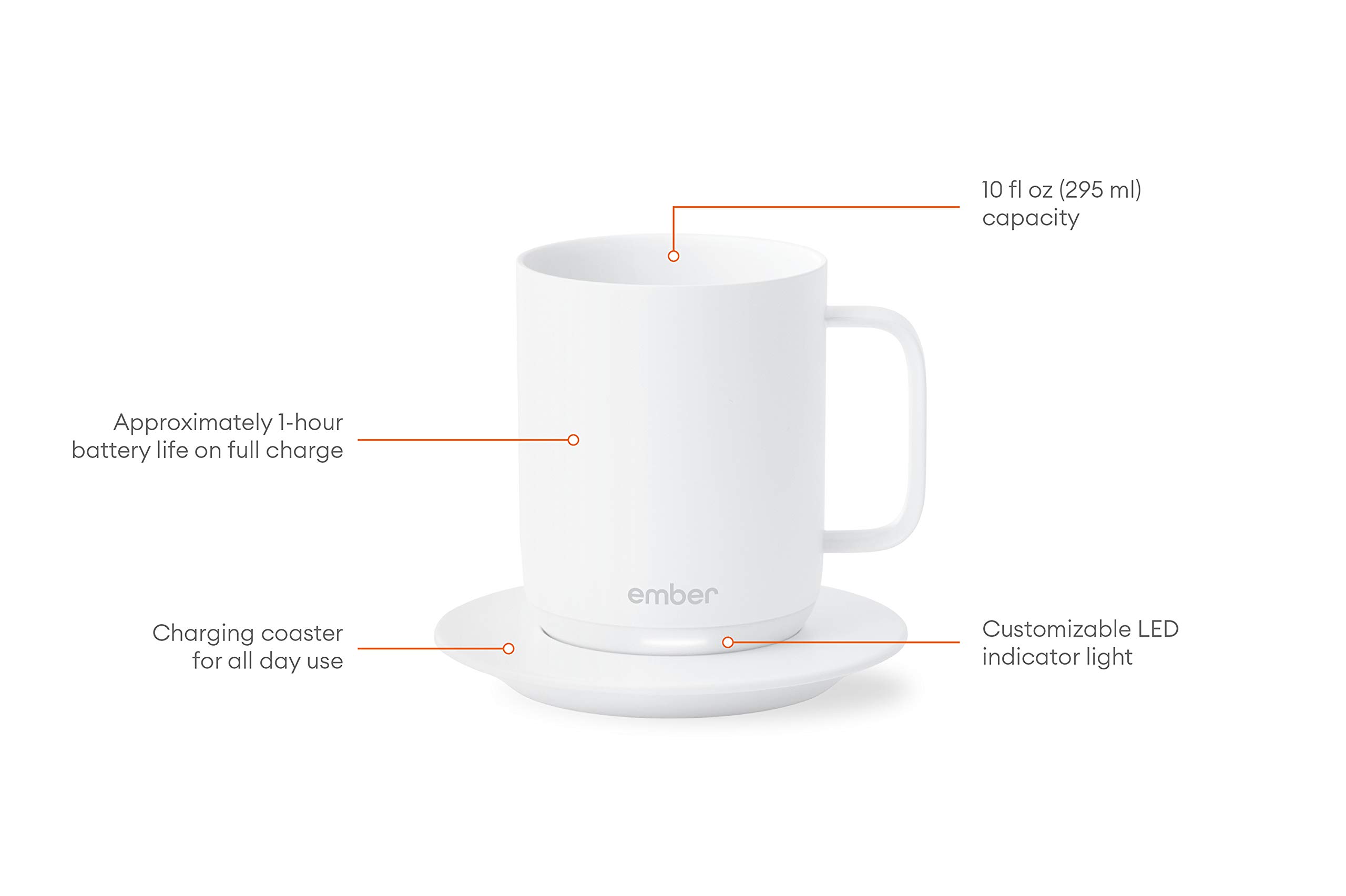 Ember Temperature Control Smart Mug, 10 Ounce, 1-hr Battery Life, White - App Controlled Heated Coffee Mug