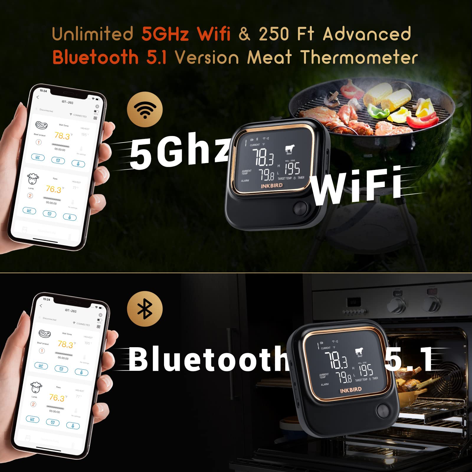 Inkbird Grill Bluetooth BBQ Thermometer Wireless IBT-6XS, 6 Probes Digital Smoker Grill Thermometer for Cooking,150ft Bluetooth Meat Thermometer, Magnet, Timer, Alarm for Kitchen, Food (Red)