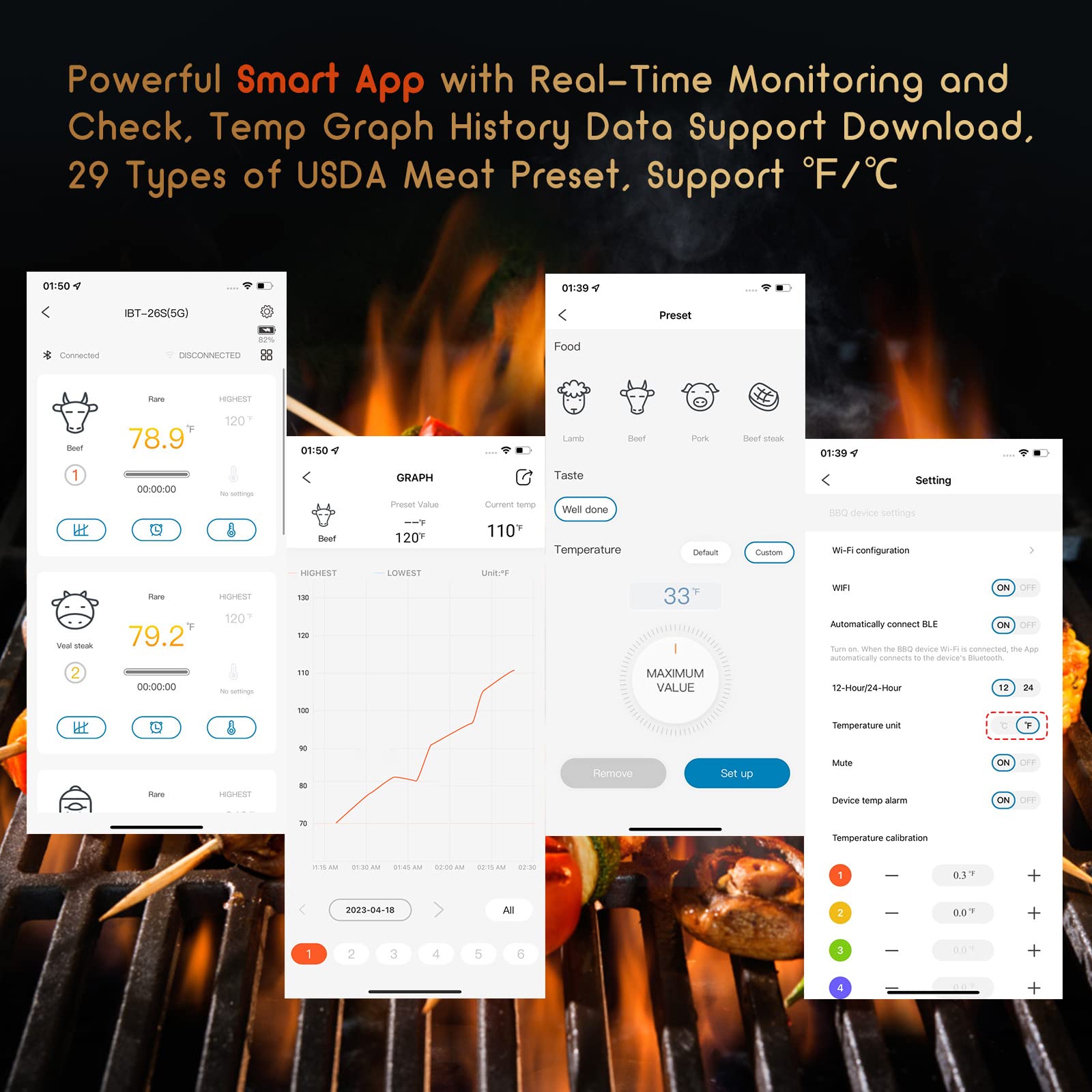 Inkbird Grill Bluetooth BBQ Thermometer Wireless IBT-6XS, 6 Probes Digital Smoker Grill Thermometer for Cooking,150ft Bluetooth Meat Thermometer, Magnet, Timer, Alarm for Kitchen, Food (Red)