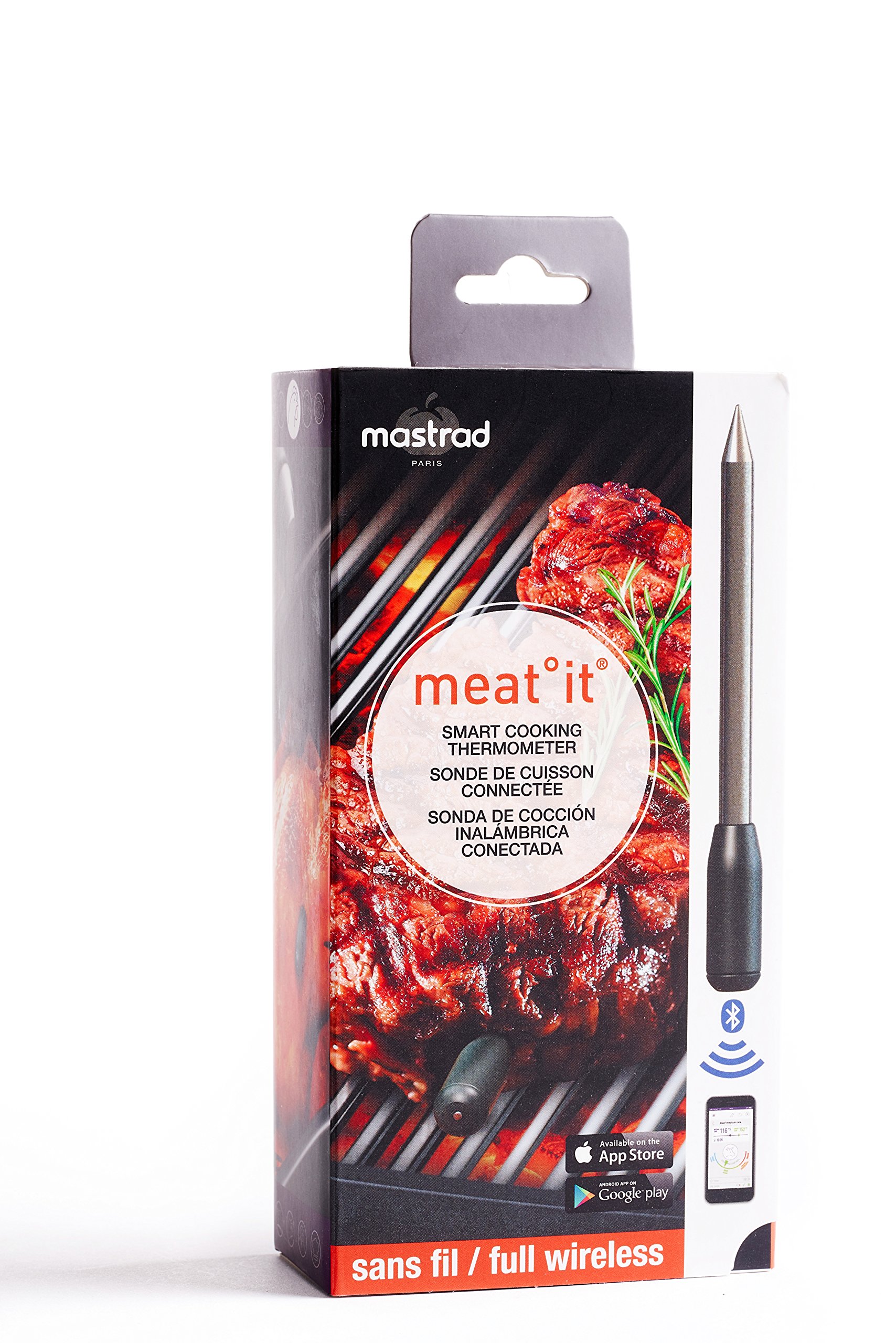 Mastrad Thermometer | Meat it Wireless Grill and BBQ Sensor | Connects Via Bluetooth to Free Cooking App, 2.1, BLACK