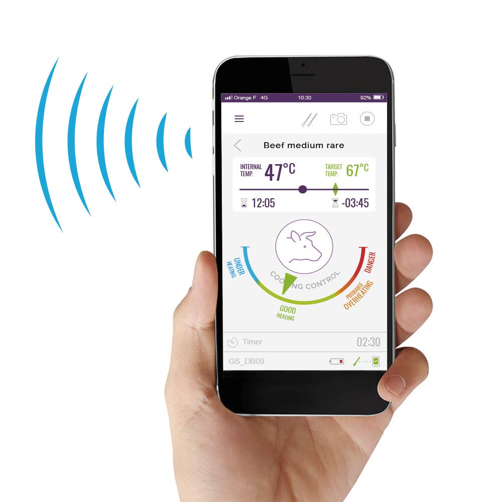 Mastrad Thermometer | Meat it Wireless Grill and BBQ Sensor | Connects Via Bluetooth to Free Cooking App, 2.1, BLACK