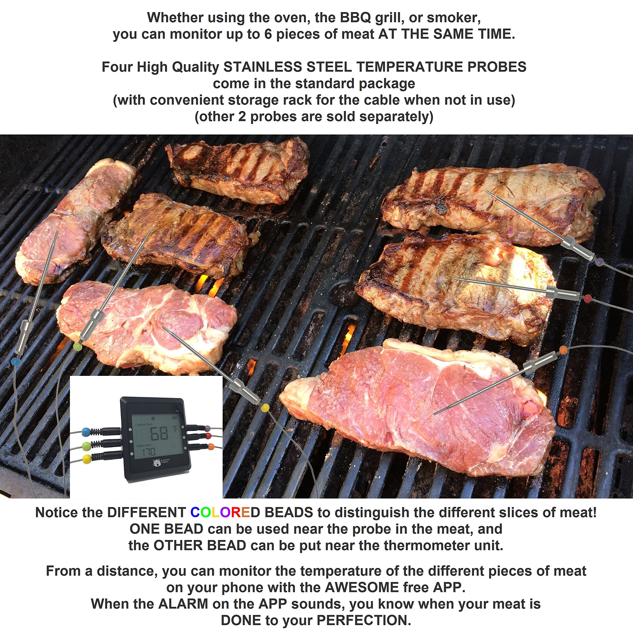 Best Digital Meat Thermometer, Max 6-Probe Smart Bluetooth Wireless Remote Thermometer 300 Feet Away w/Phone APP Alarm/Timer, 4 Stainless Steel Probes for Kitchen Oven, BBQ Grill, Smoker