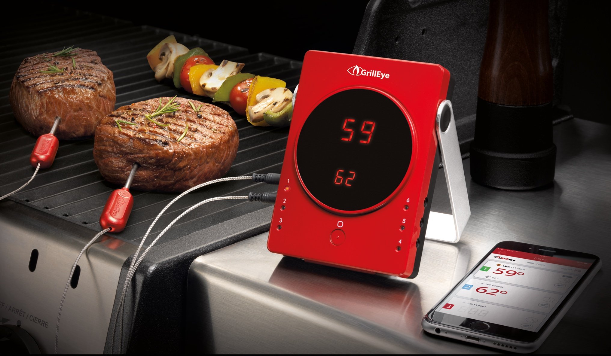 GrillEye GE0001 Smart Bluetooth Grilling & Smoking Thermometer, Red