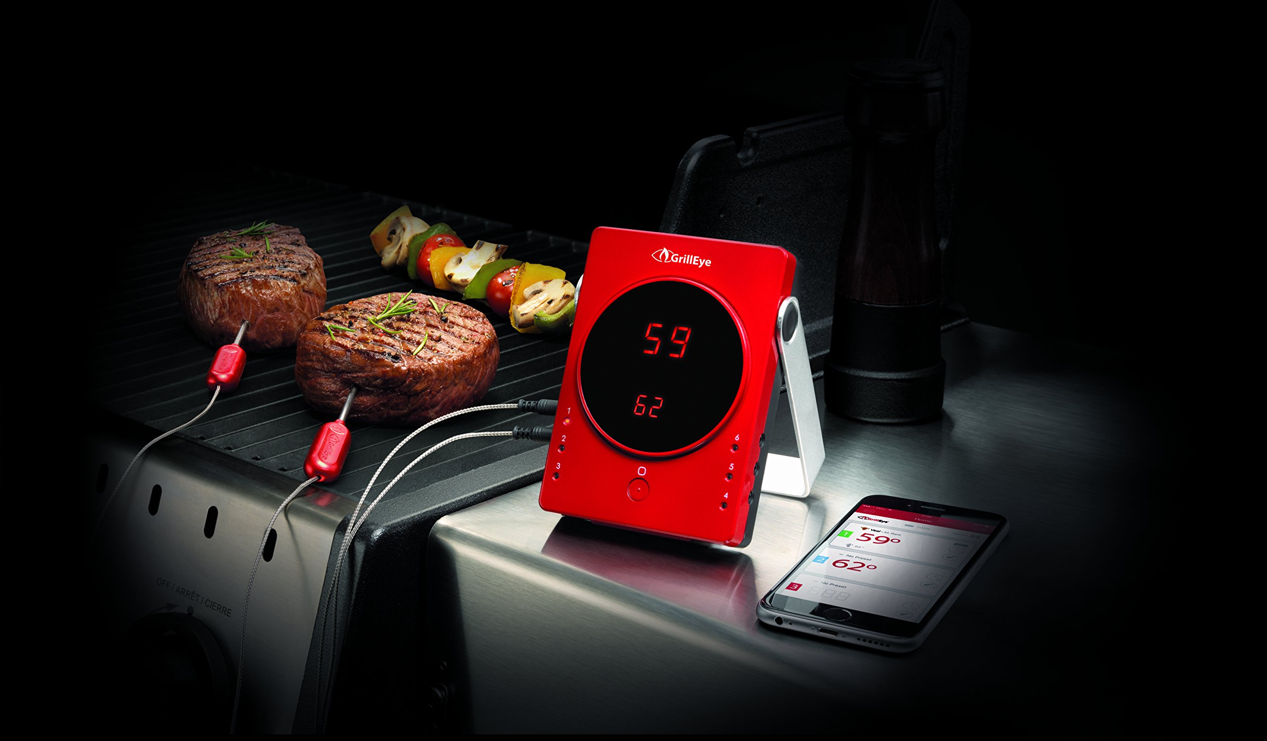GrillEye GE0001 Smart Bluetooth Grilling & Smoking Thermometer, Red