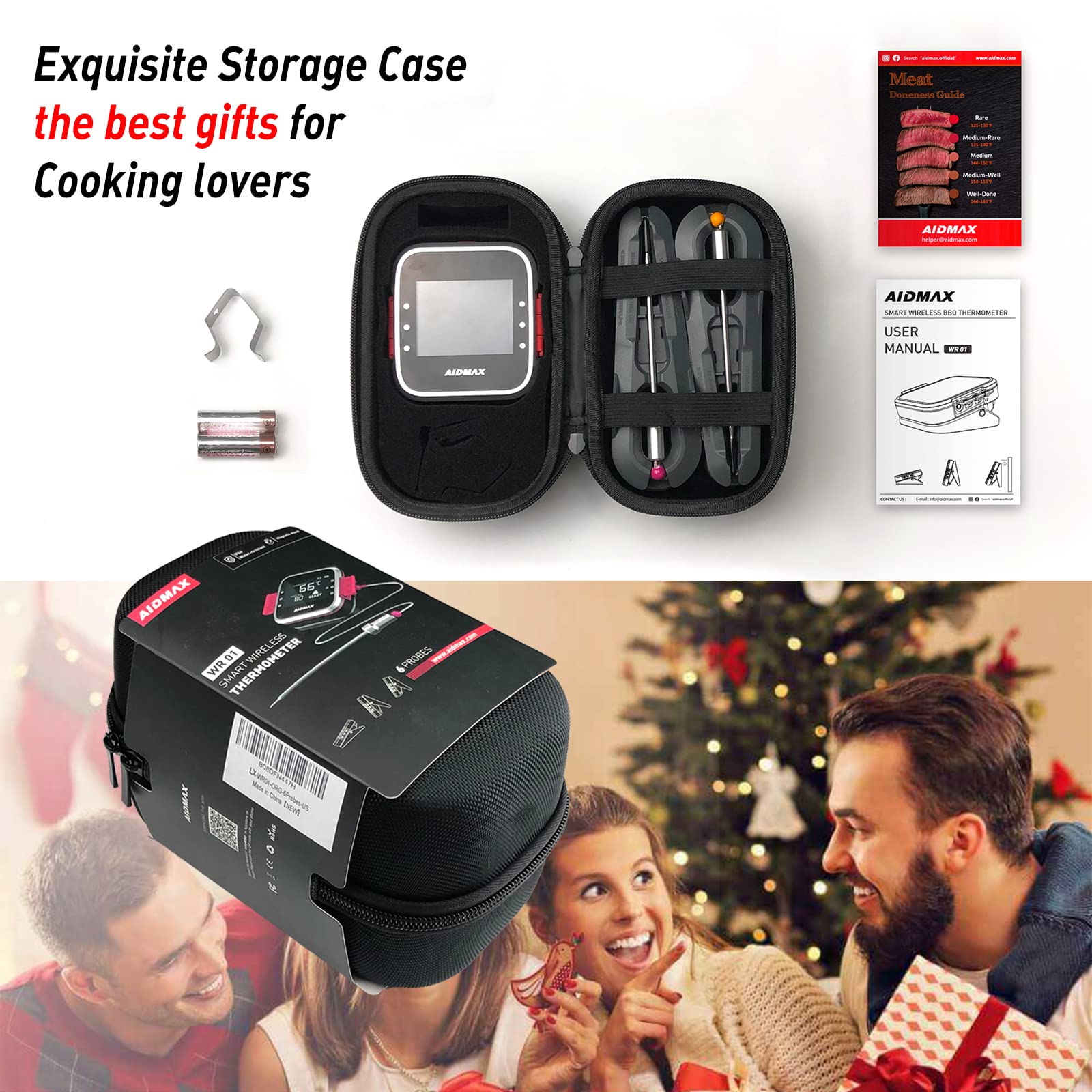Bluetooth Meat Thermometer for Smoker Oven Grill, Smart Wireless Grill Thermometer for Grilling and Smoking, Remote Phone APP BBQ Thermometer with 6 Meat Probes AidMax WR01